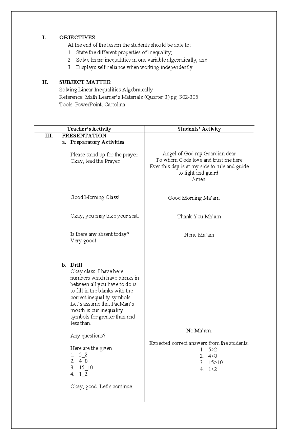 Lesson plan in Math - I. OBJECTIVES At the end of the lesson the ...