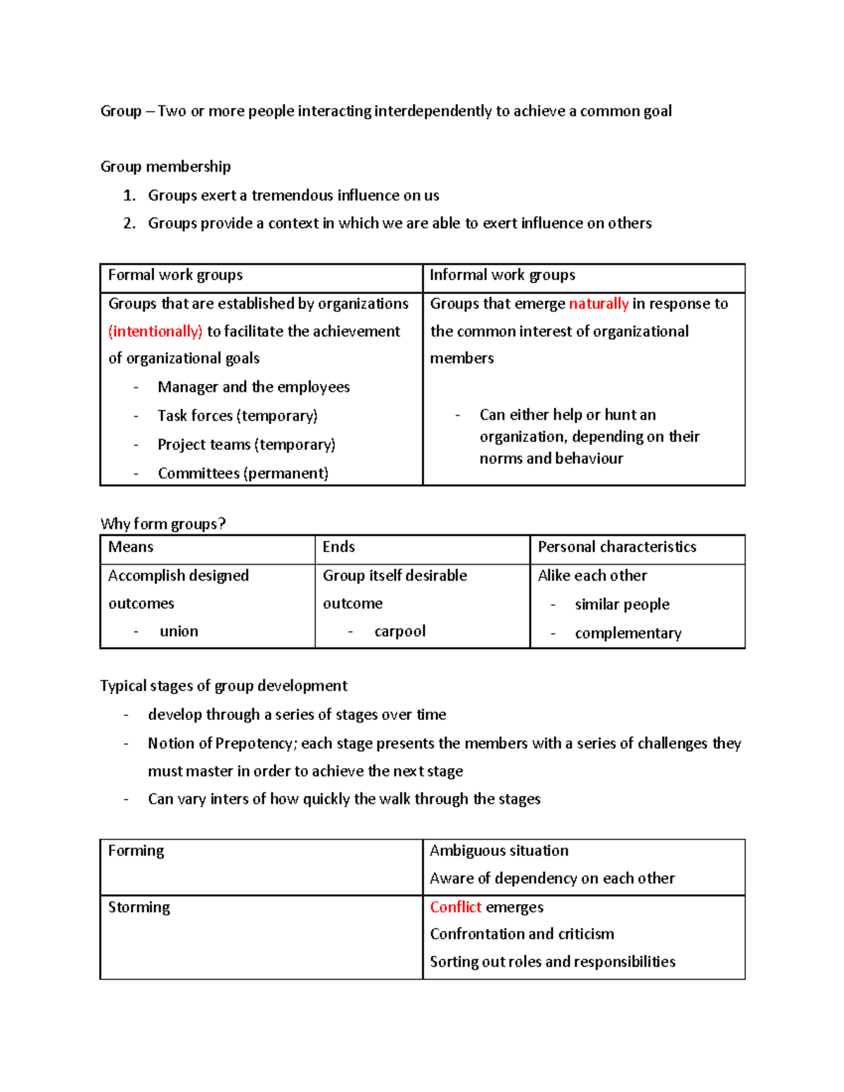 notes for groups dynamics - Group – Two or more people interacting ...
