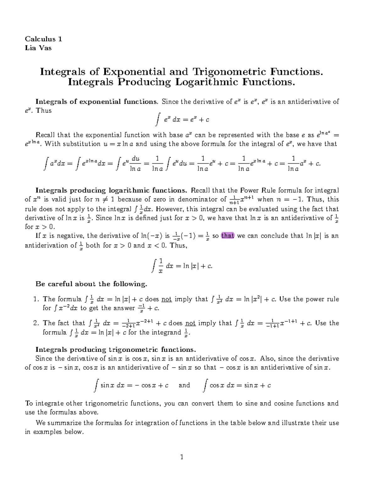 Antidiff of trigo function - Calculus 1 Lia Vas Integrals of Exponential and Trigonometric - Studocu