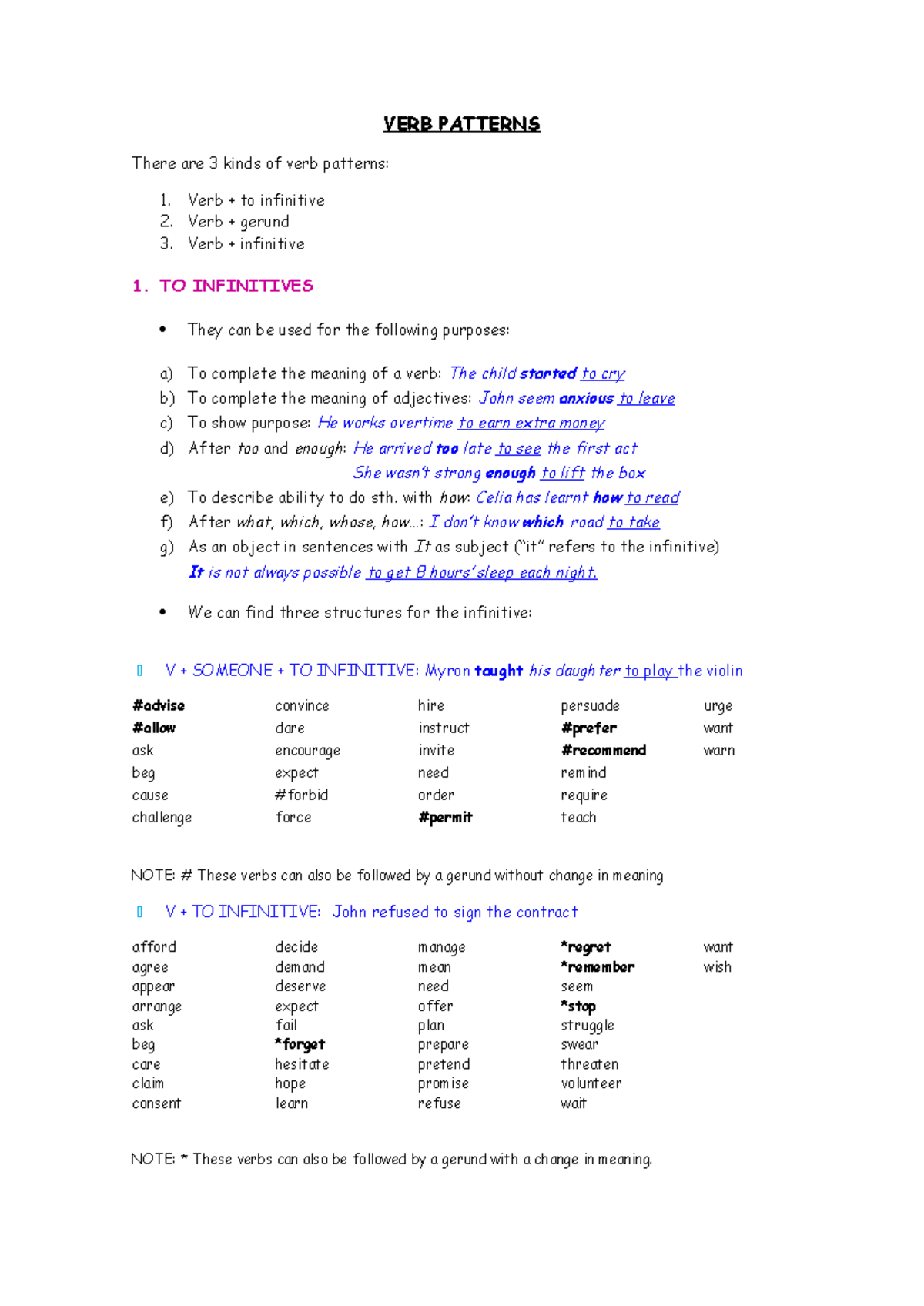 VERB Patterns - Verbos - VERB PATTERNS There are 3 kinds of verb ...