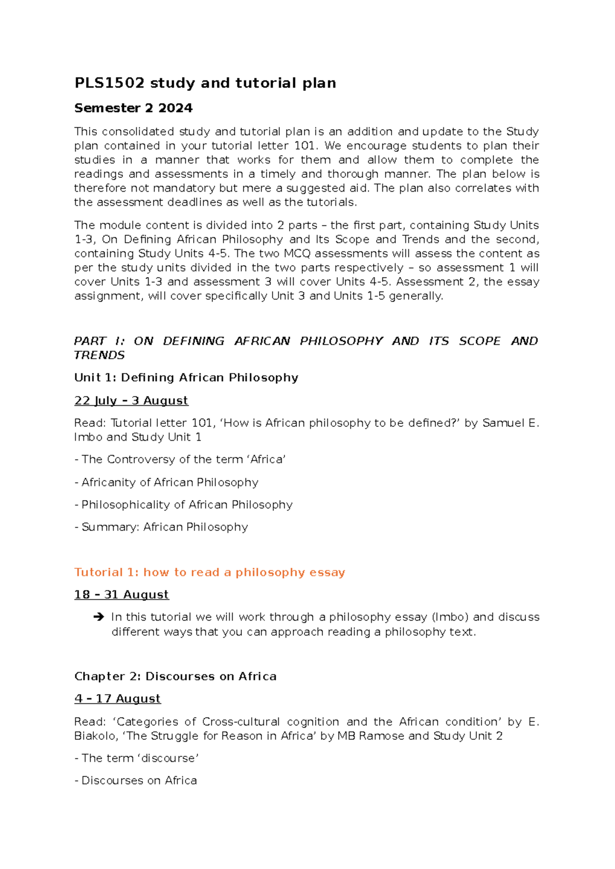 PLS1502 Study and Tutorial Plan - Semester 2 - PLS1502 study and ...