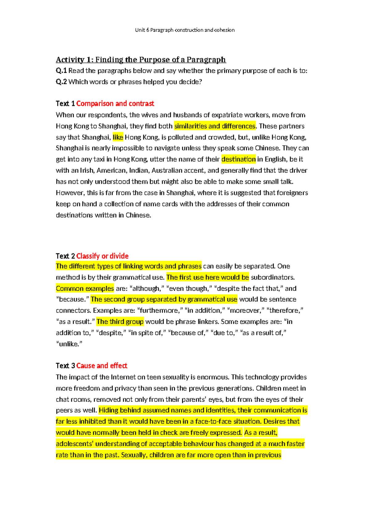 Unit 6 Paragraph construction and cohesion revised Printnig - Activity ...