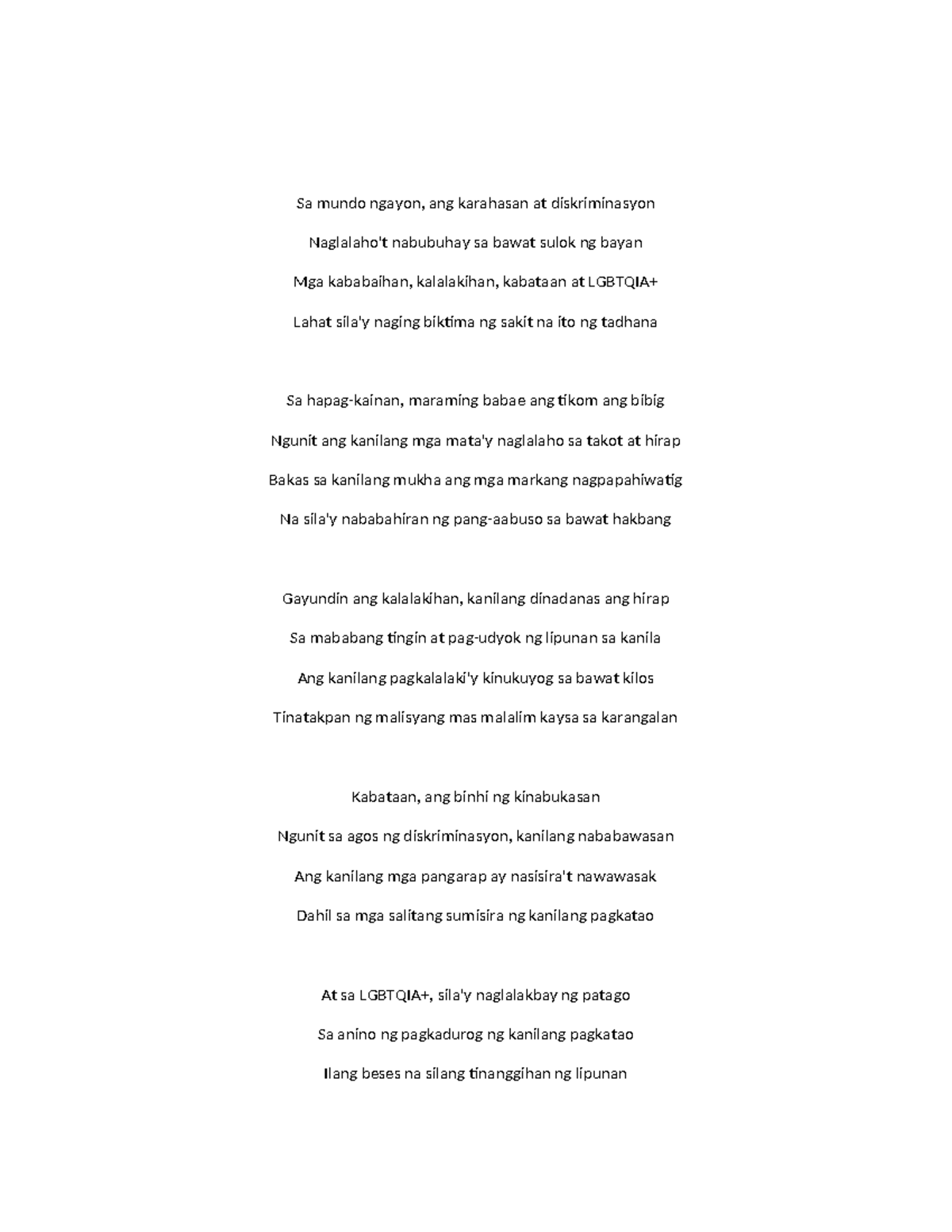Filipino-tula-2 - Sa mundo ngayon, ang karahasan at diskriminasyon ...