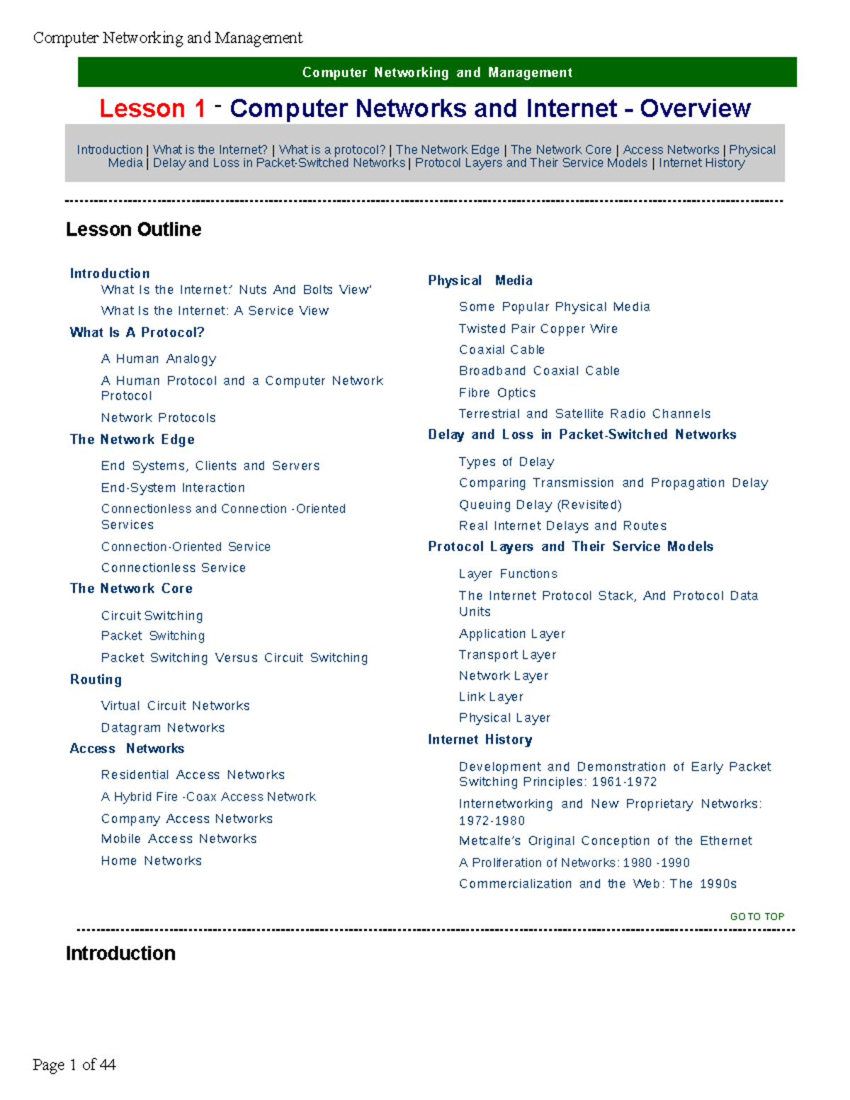 Lesson 1 - Computer Networks and Internet - The lesson begins with an ...