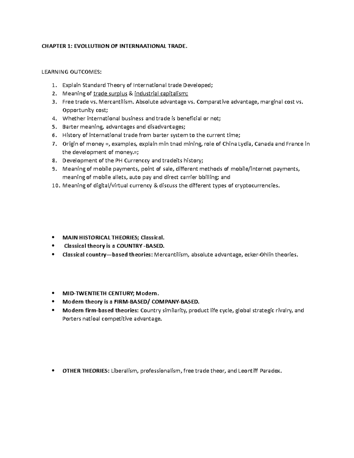IBT - ibt - CHAPTER 1: EVOLLUTIION OF INTERNAATIONAL TRADE. LEARNING OUTCOMES: Explain Standard ...