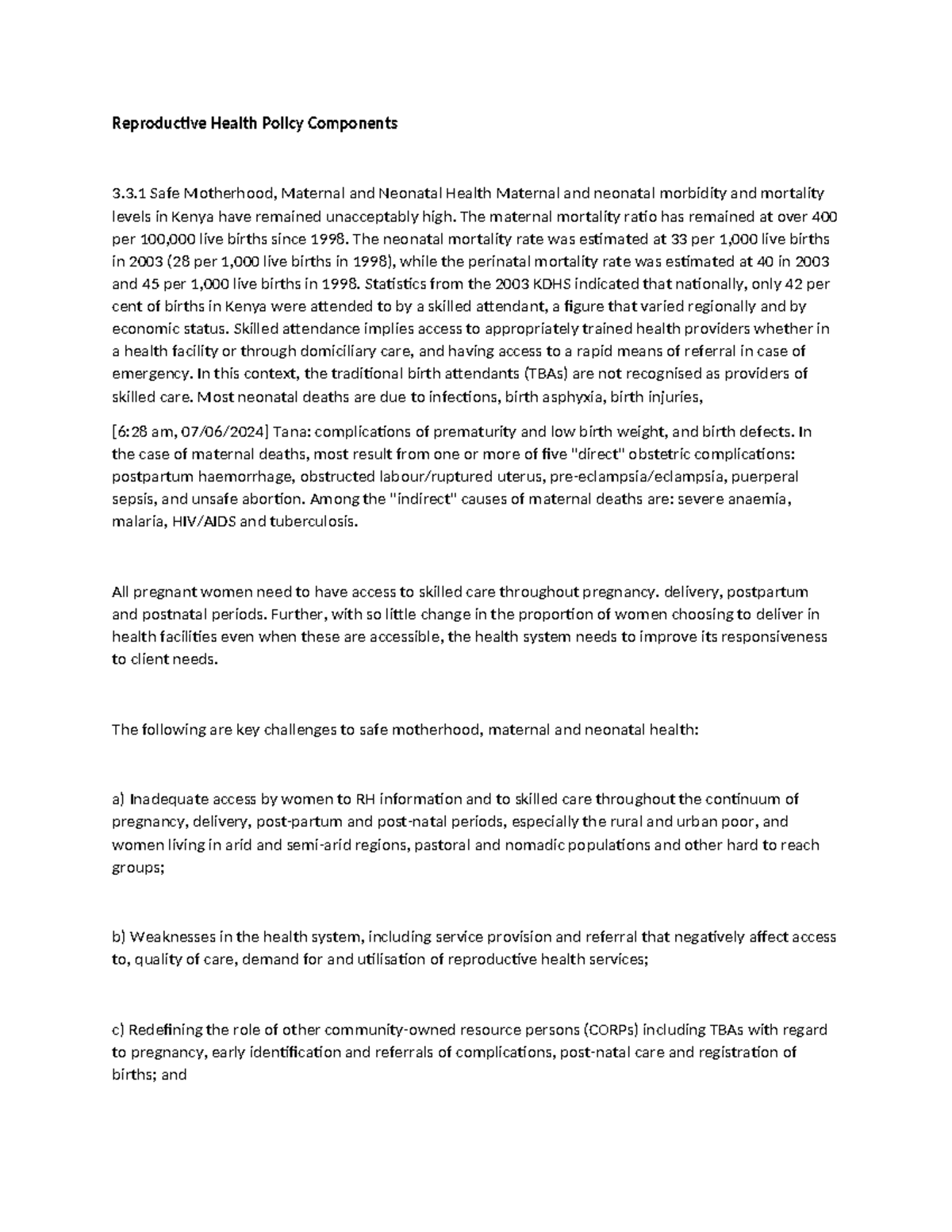 Safe Motherhood - Reproductive Health Policy Components 3.3 Safe ...