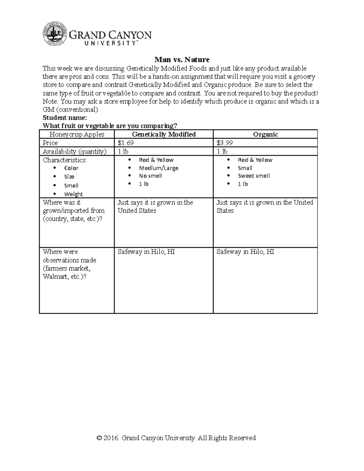 Man vs Nature Worksheet Grade: A BIO 220 - BIO-220 - GCU - Studocu