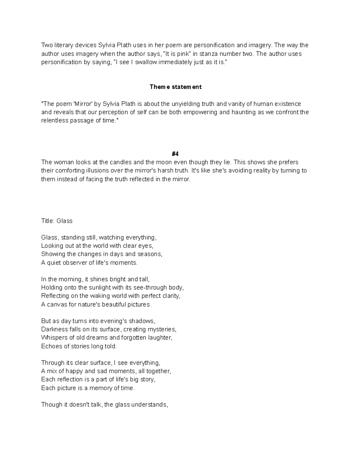 - "Mirror" Classwork - Two literary devices Sylvia Plath uses in her ...