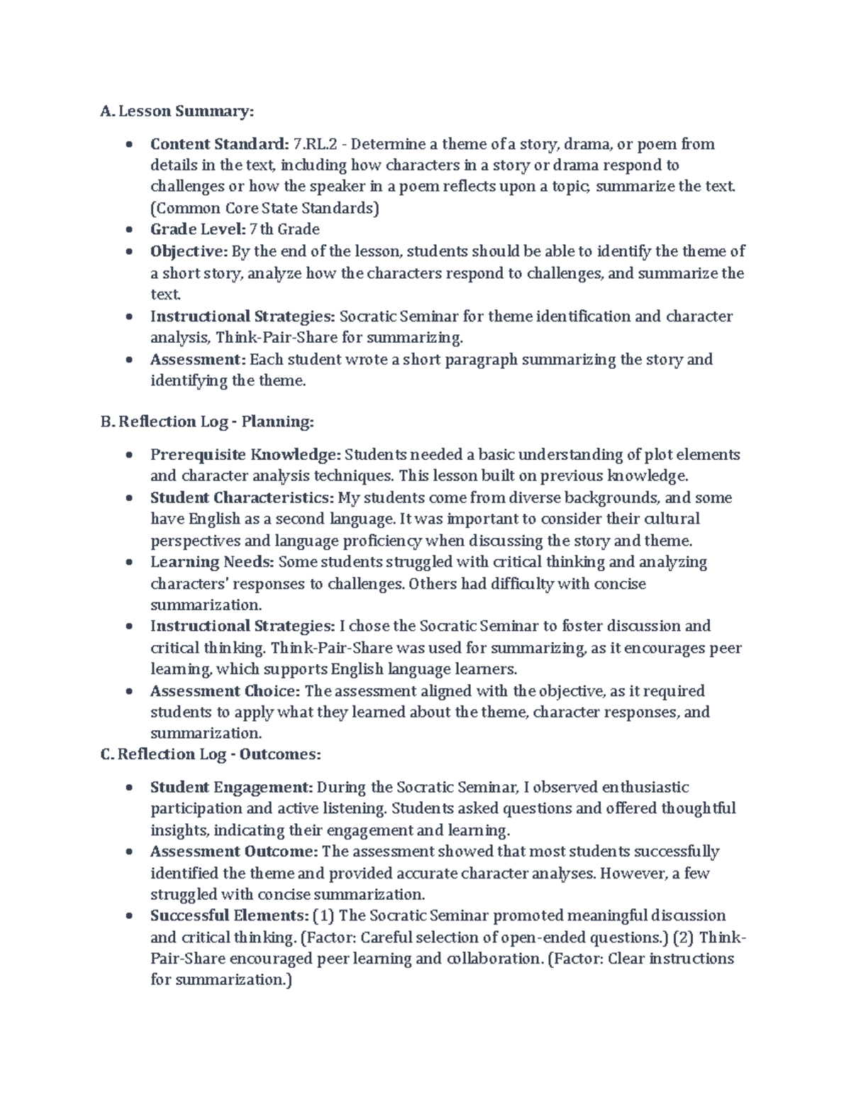 A1-2 - Hope it helps - A. Lesson Summary: - Content Standard: 7.RL ...