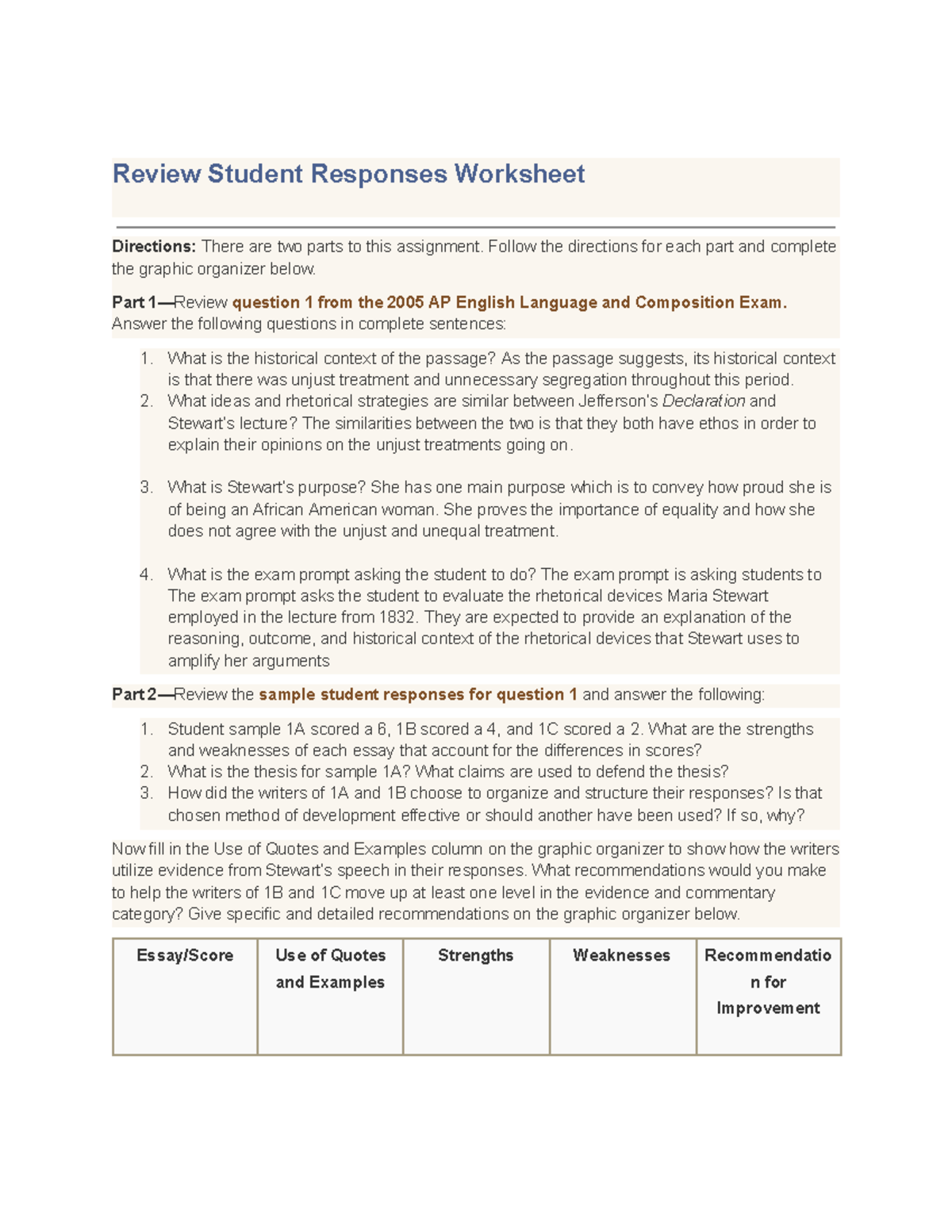 Review Student Responses Worksheet - Review Student Responses Worksheet ...