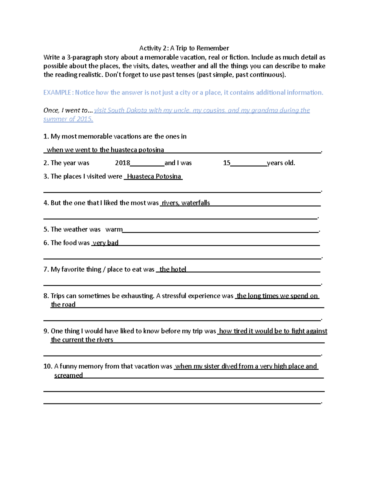 Ativity #2 - tarea numero 2 - Activity 2: A Trip to Remember Write a 3 ...