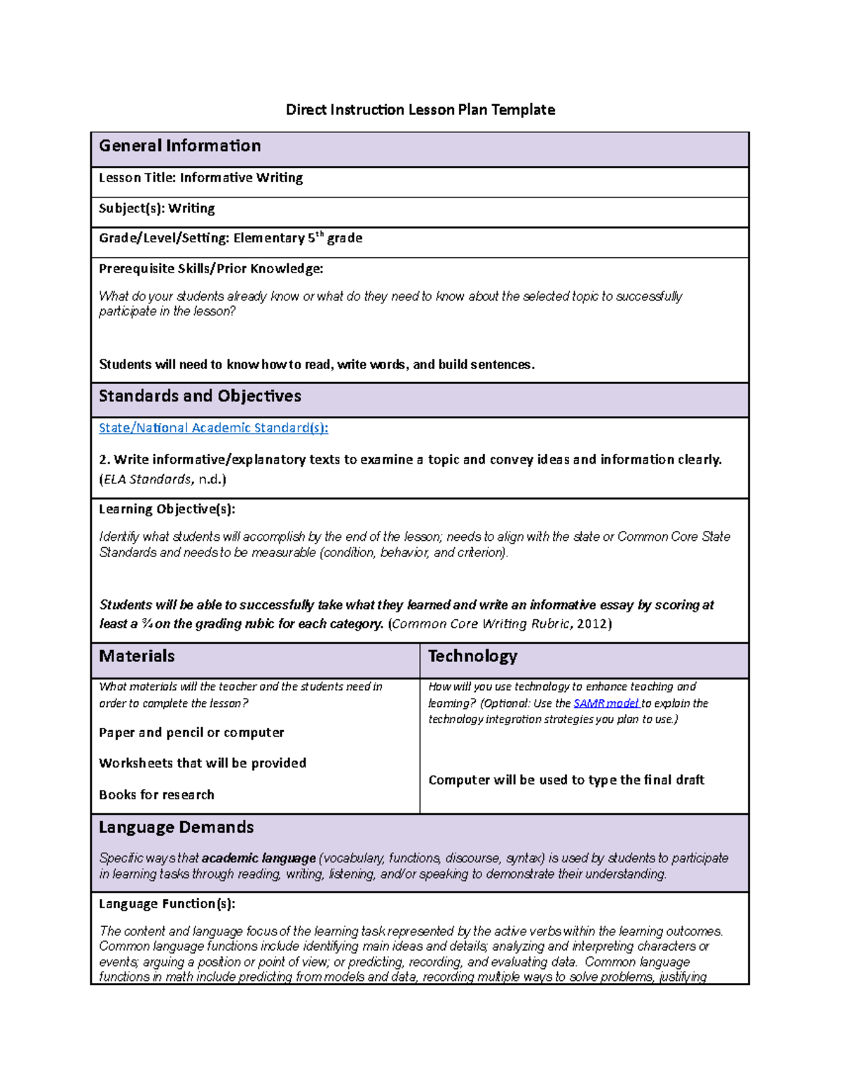 C365 Task 1 submitted and passed - Direct Instruction Lesson Plan Template General Information ...