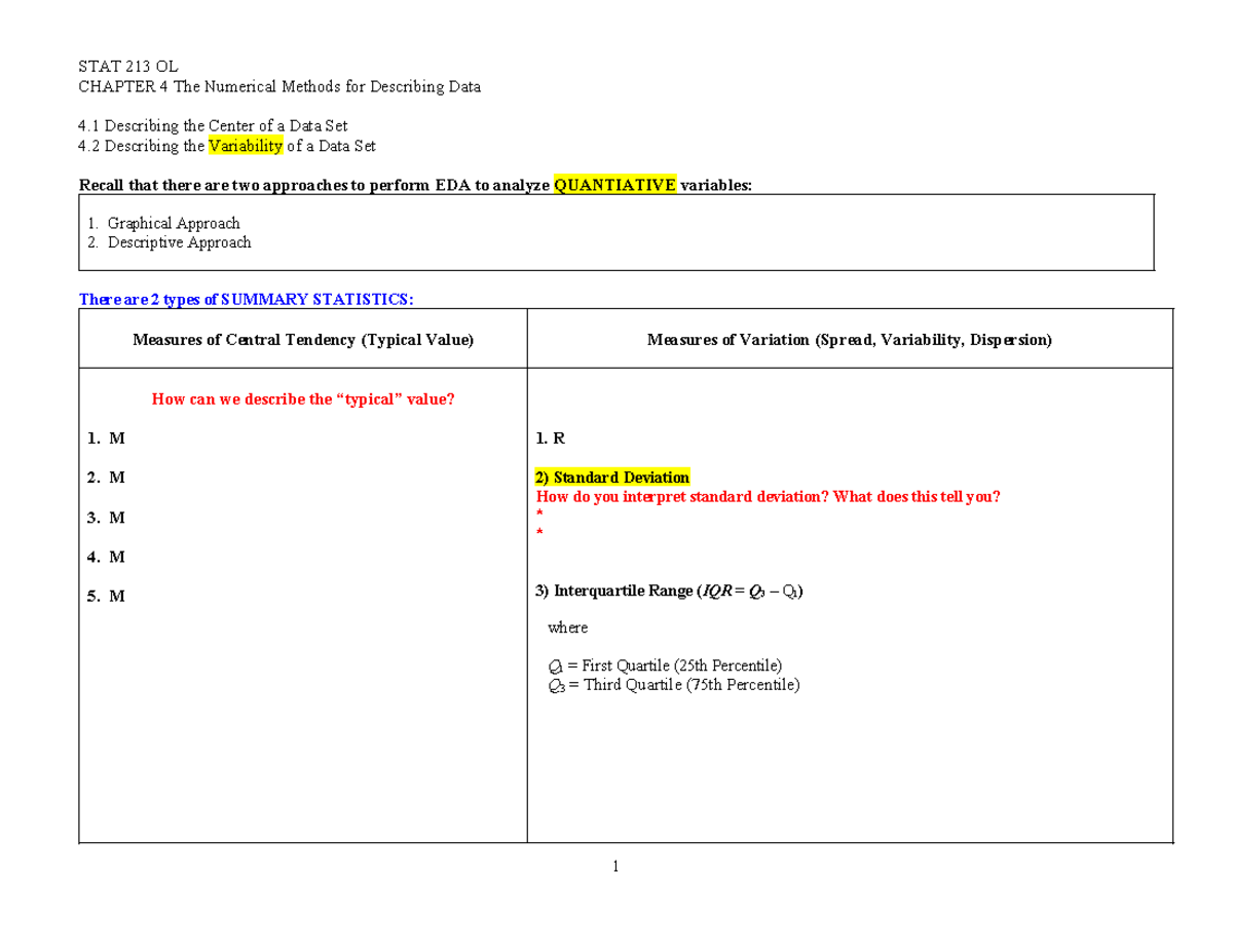 STAT 213 - CH 4 OL - CHAPTER 4 The Numerical Methods for Describing Data 4 Describing the Center ...