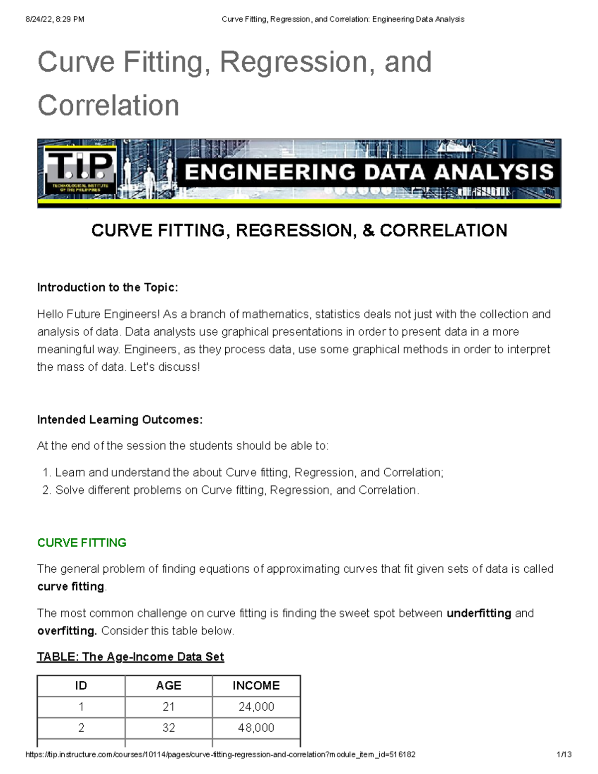 Curve Fitting Regression And Correlation Engineering Data Analysis