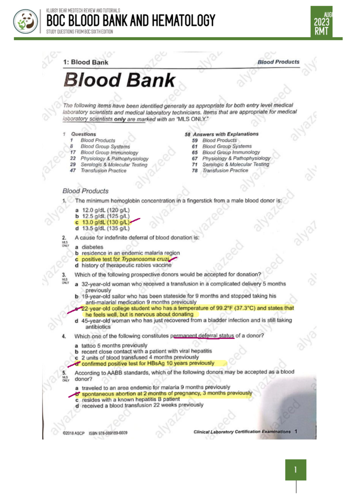 BOC Blood BANK Question BANK - Bachelor in Medical Laboratory Science ...