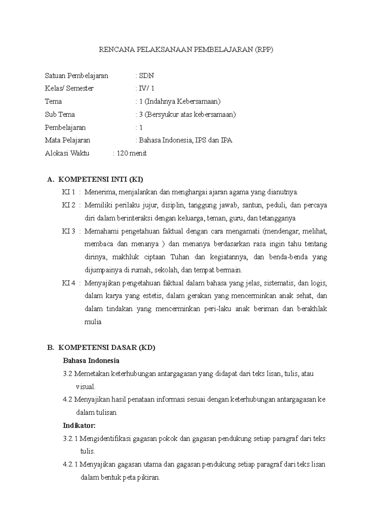 RPP Kelas 4 Tema 1 Subtem 3 Pembelajaran 1 - RENCANA PELAKSANAAN ...
