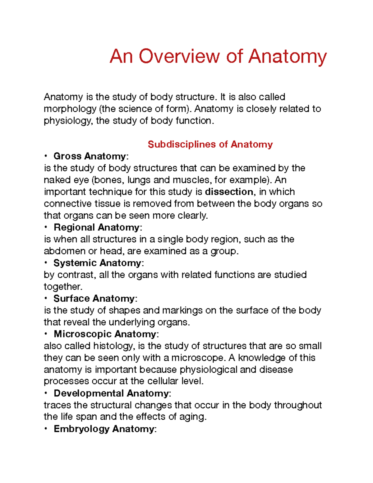 An Overview of Anatomy - Lecture notes 1 - An Overview of Anatomy ...