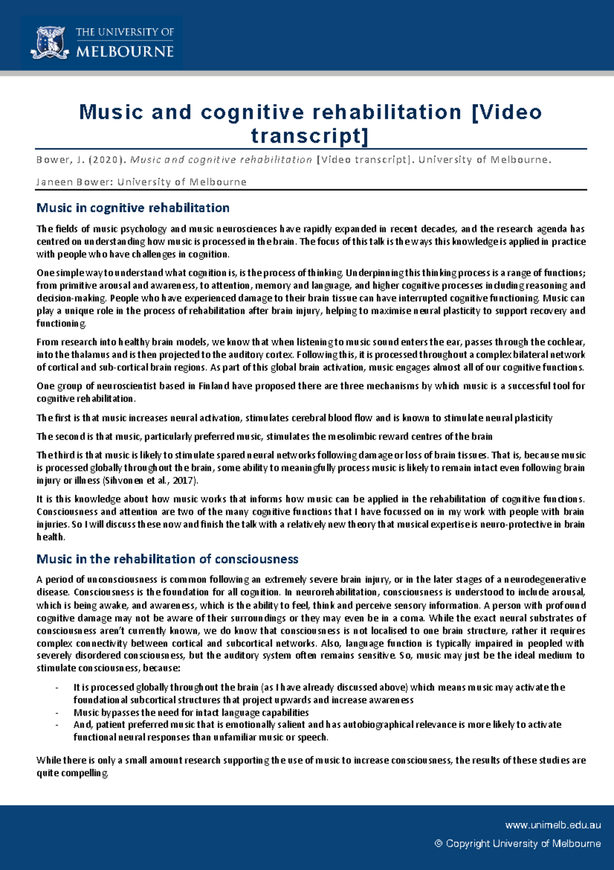 MUSI2015 0 Music and cognitive rehabilitation - Video transcript ...