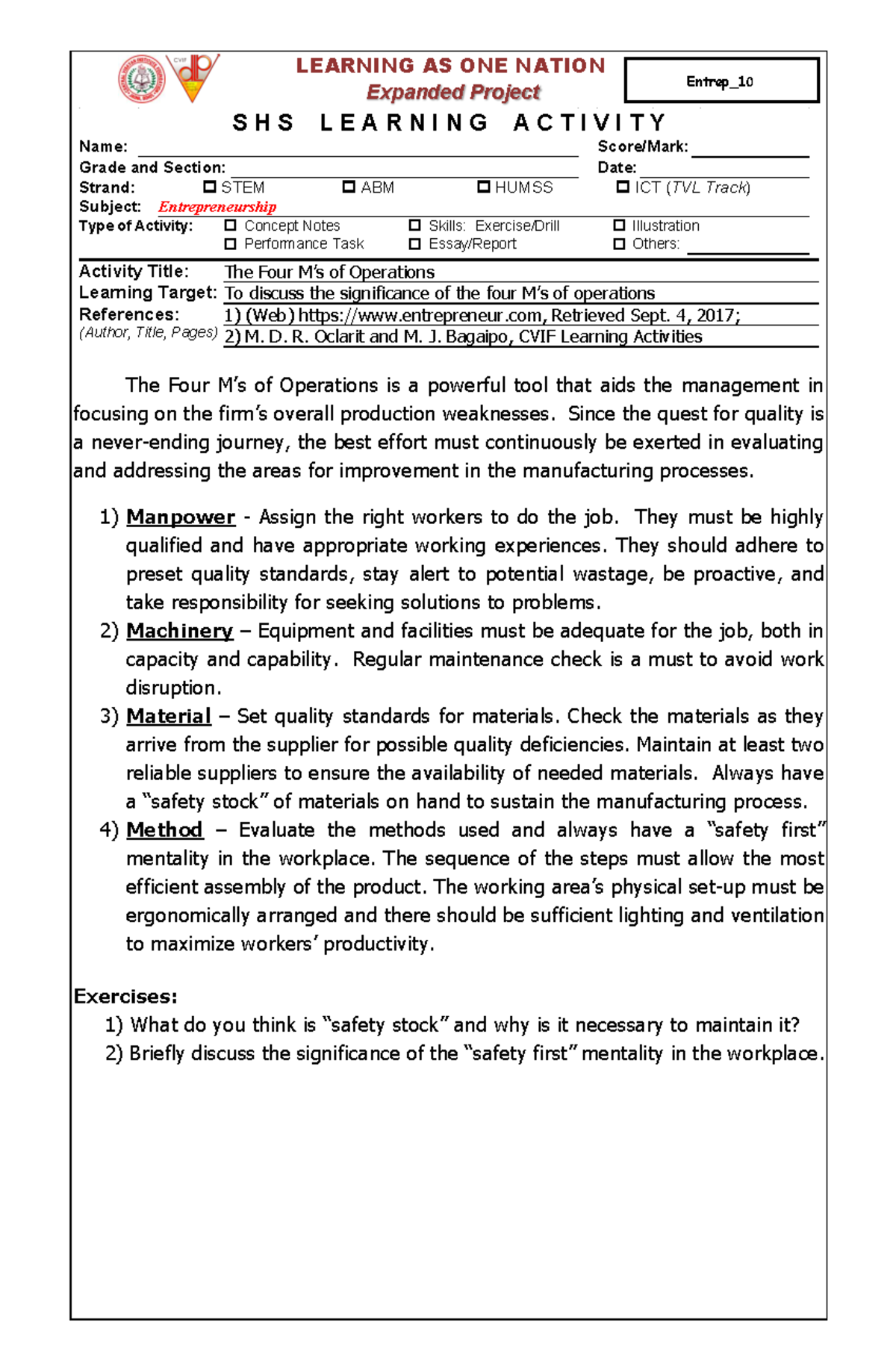 Entrep LAS 10 The Four Ms of Operations - LEARNING AS ONE NATION ...