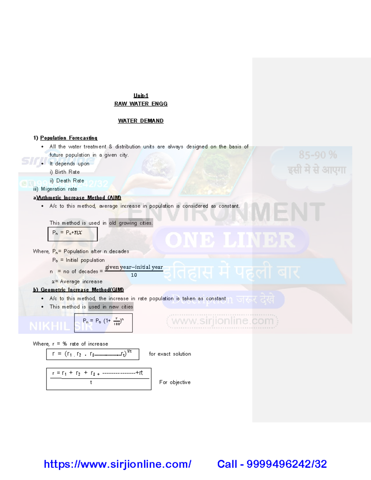 Environment One liner Notes 2 - Unit- RAW WATER ENGG WATER DEMAND ...
