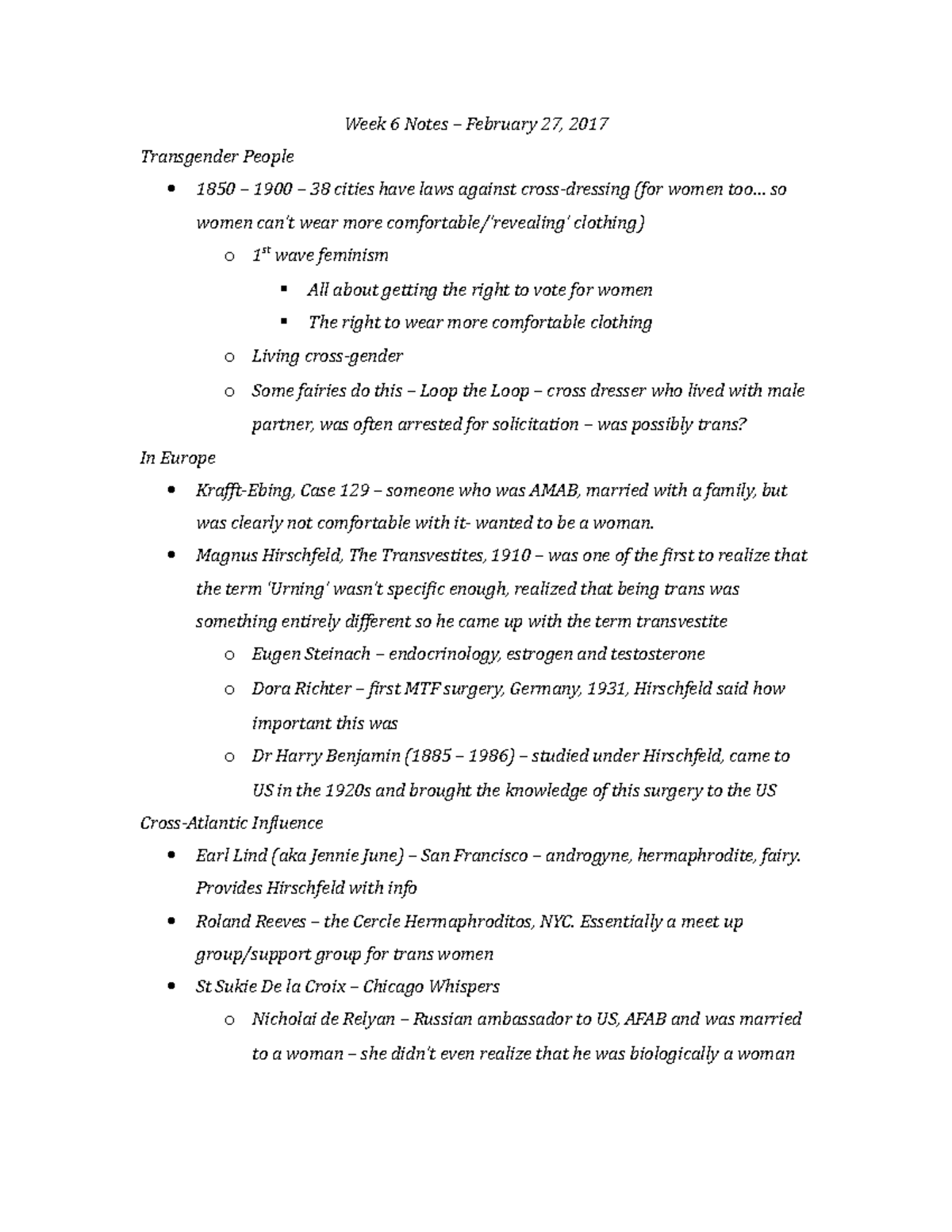 LGBT History Lecture 6 Notes - Week 6 Notes – February 27, 2017 ...