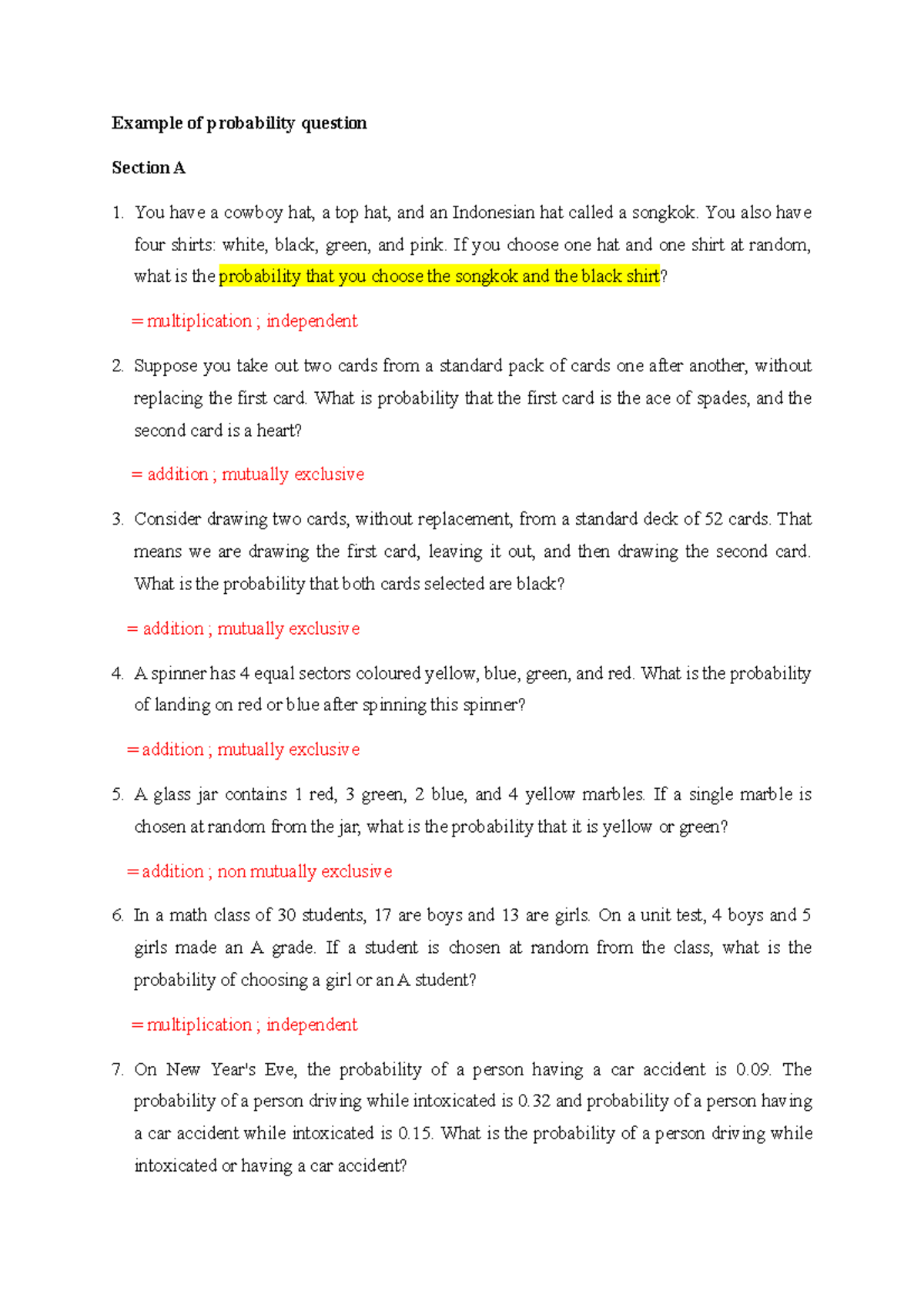Example probability exercise - Example of probability question Section ...