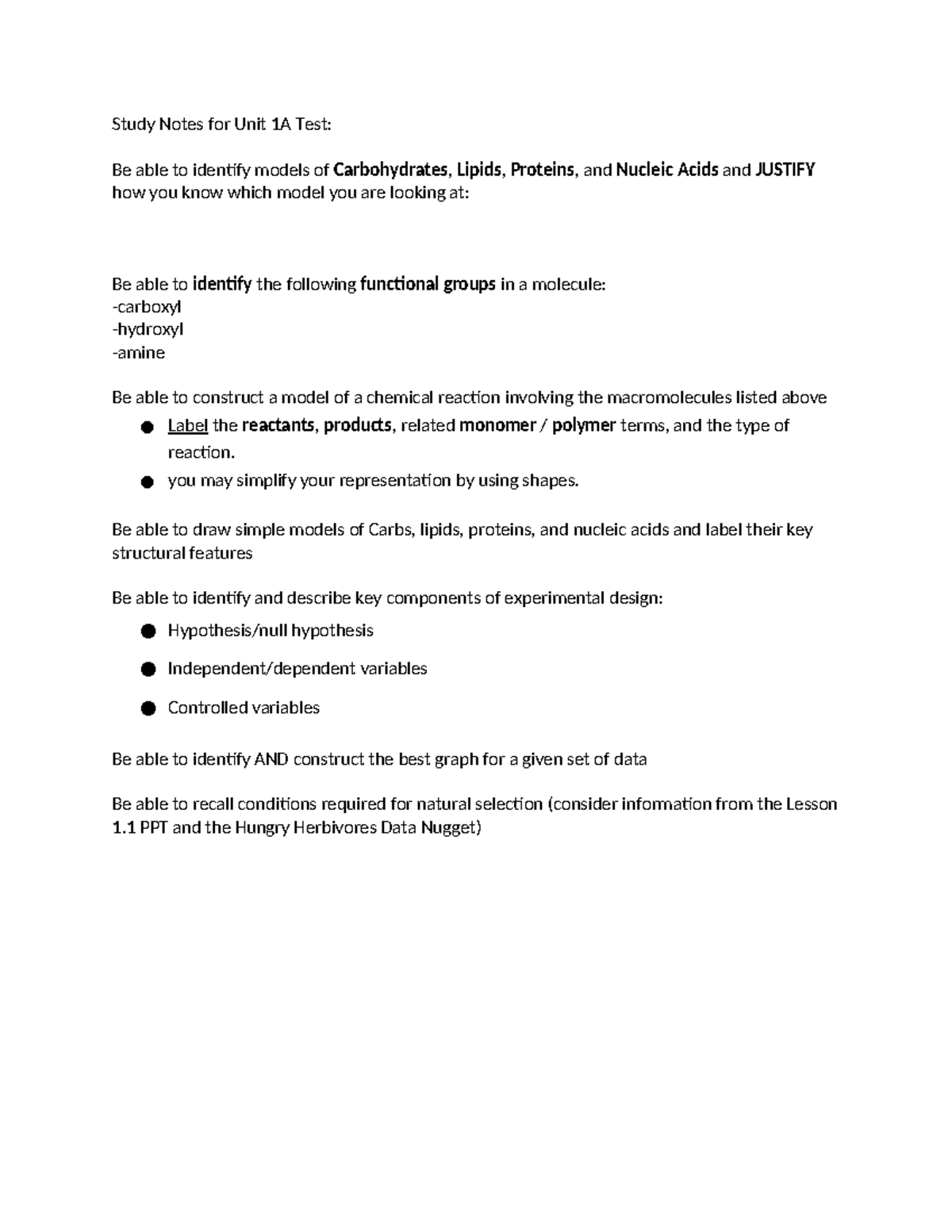 Unit 1A Test Study Notes - Study Notes for Unit 1A Test: Be able to ...