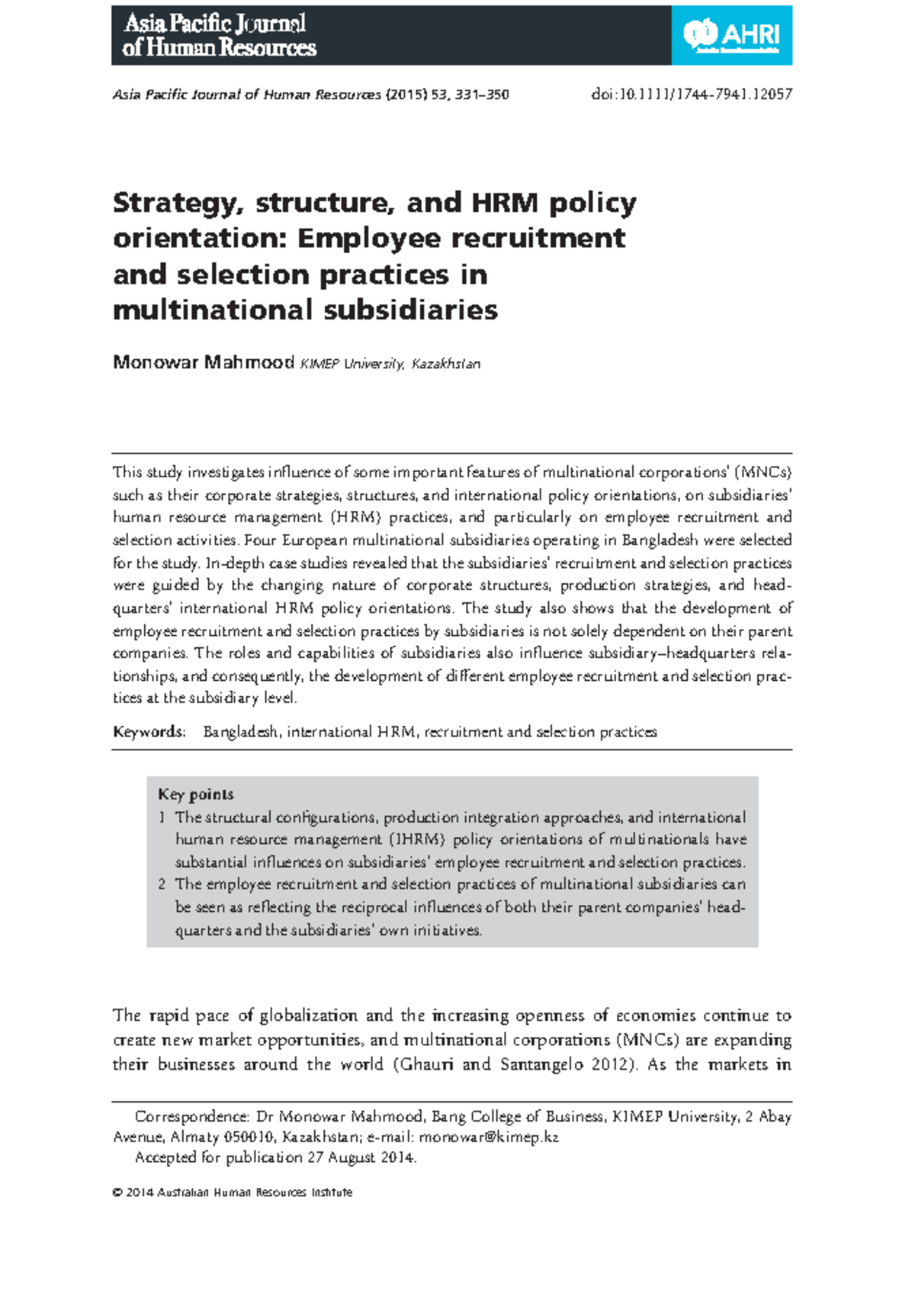 Asia Pac J Human Res - 2014 - Mahmood - Strategy structure and HRM ...