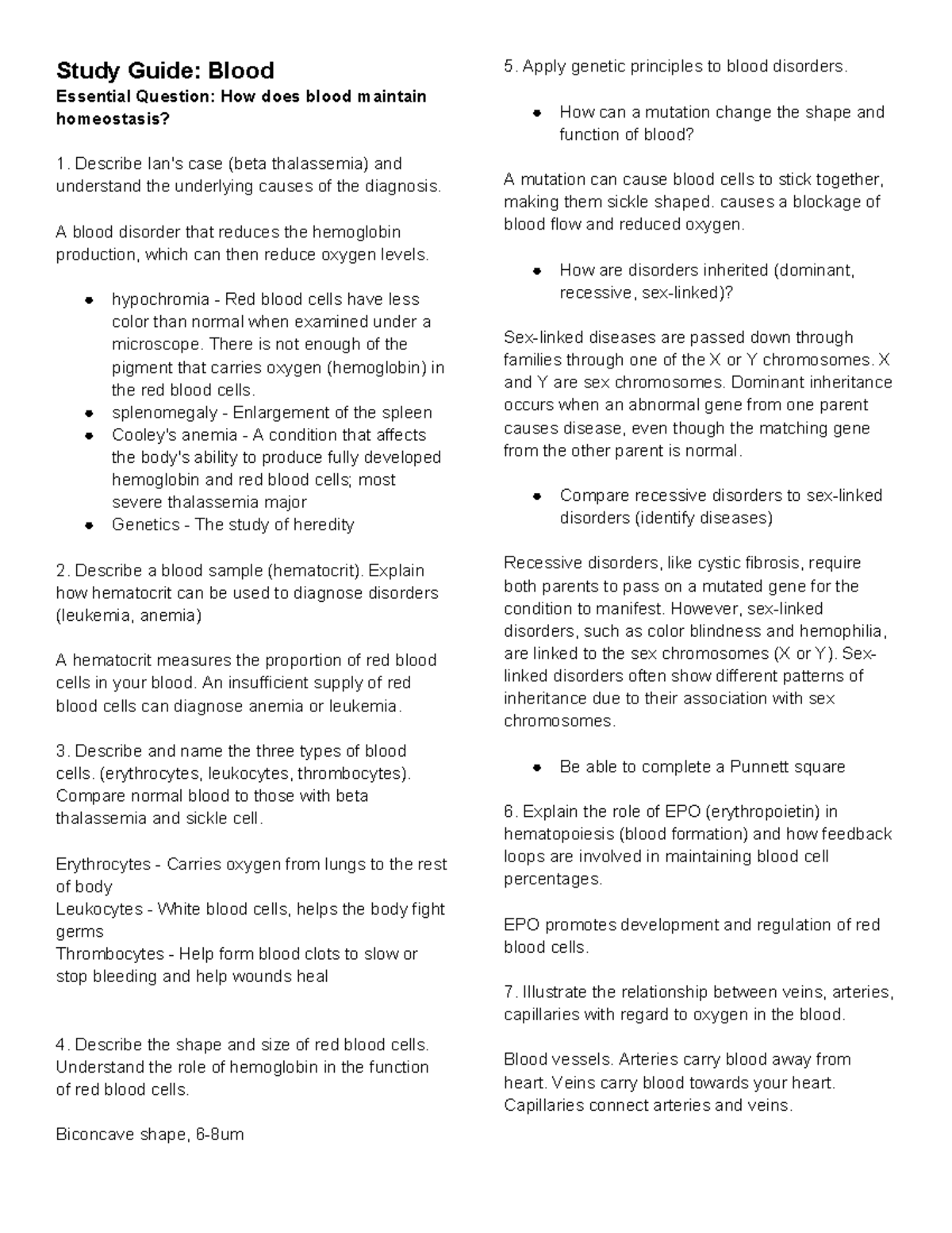 Copy of Study Guide: Blood - Study Guide: Blood Essential Question: How ...