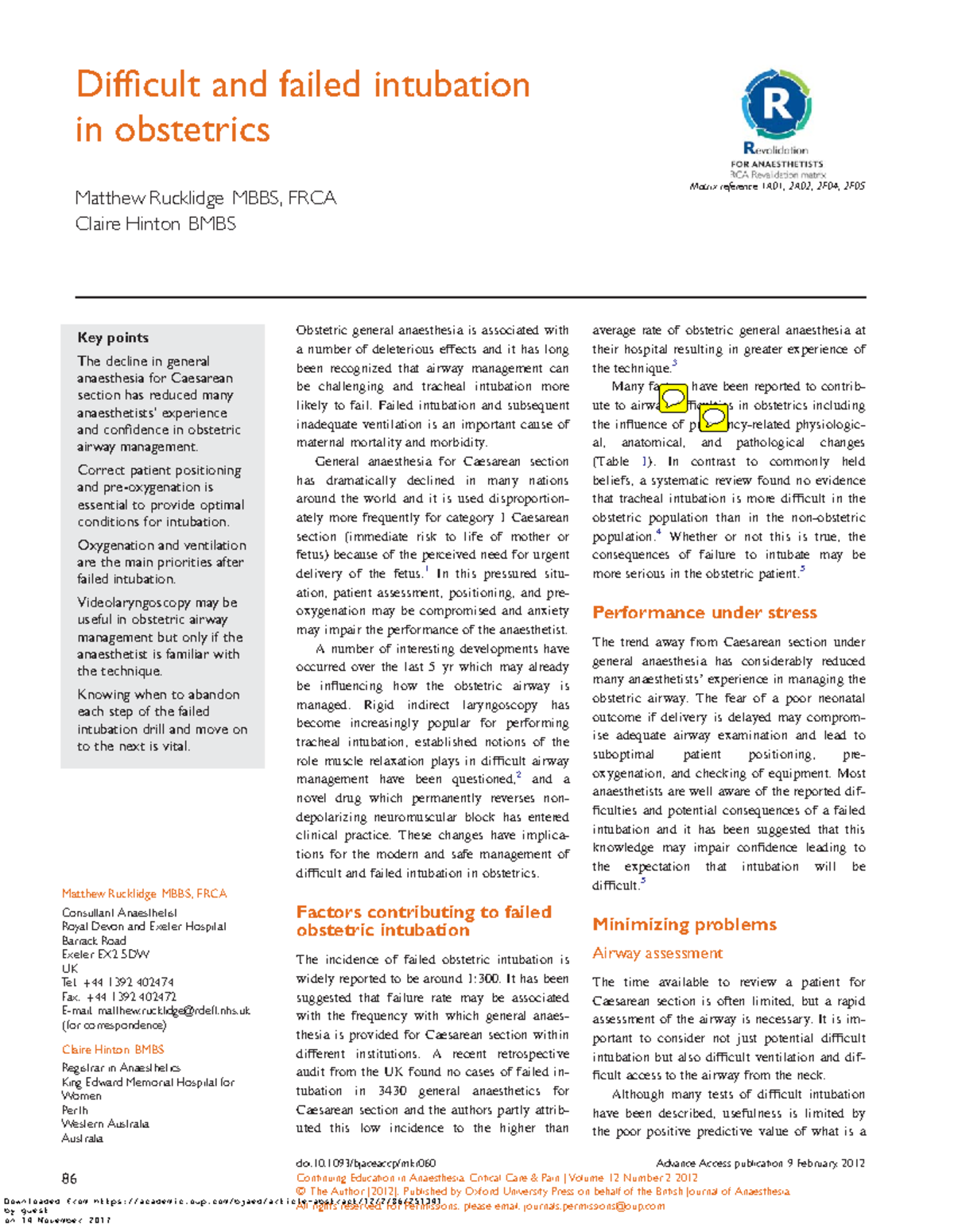 Difficult and failed intubation in obstetrics - Difficult and failed ...
