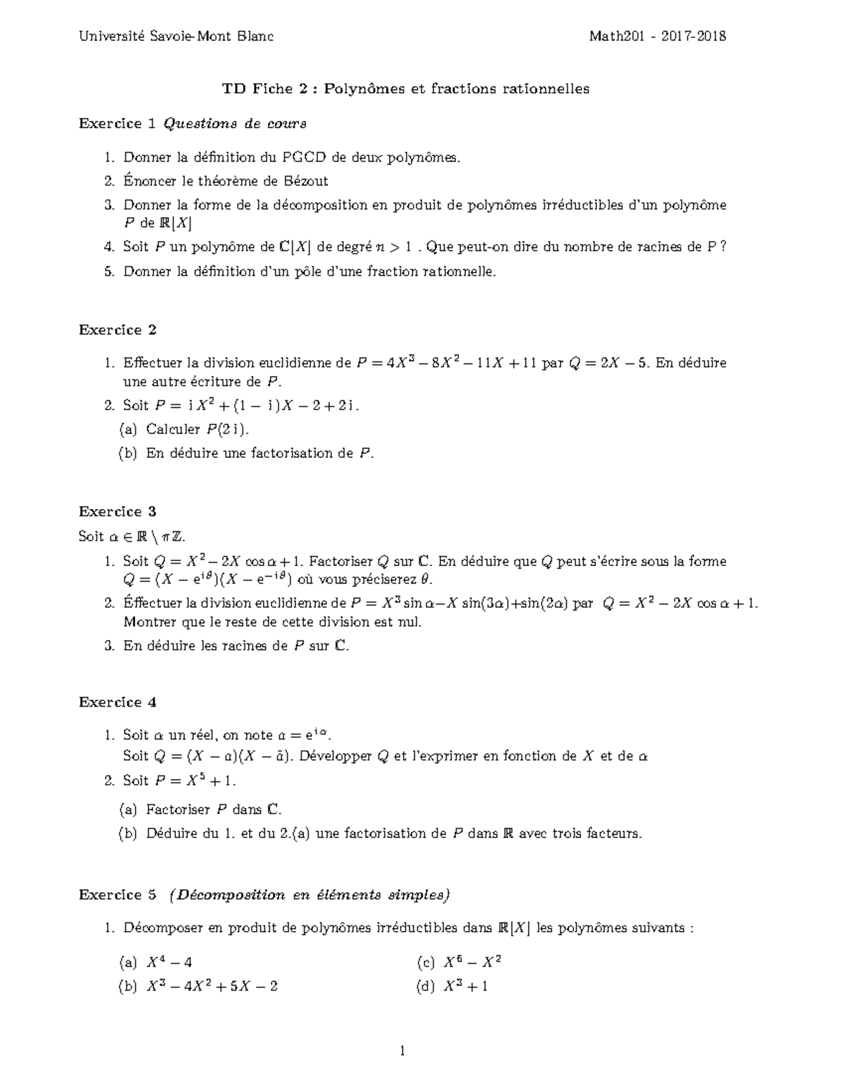 TD n°2 : Polynômes et fractions rationnelles - Blanc Math201 TD Fiche 2 : et fractions ...