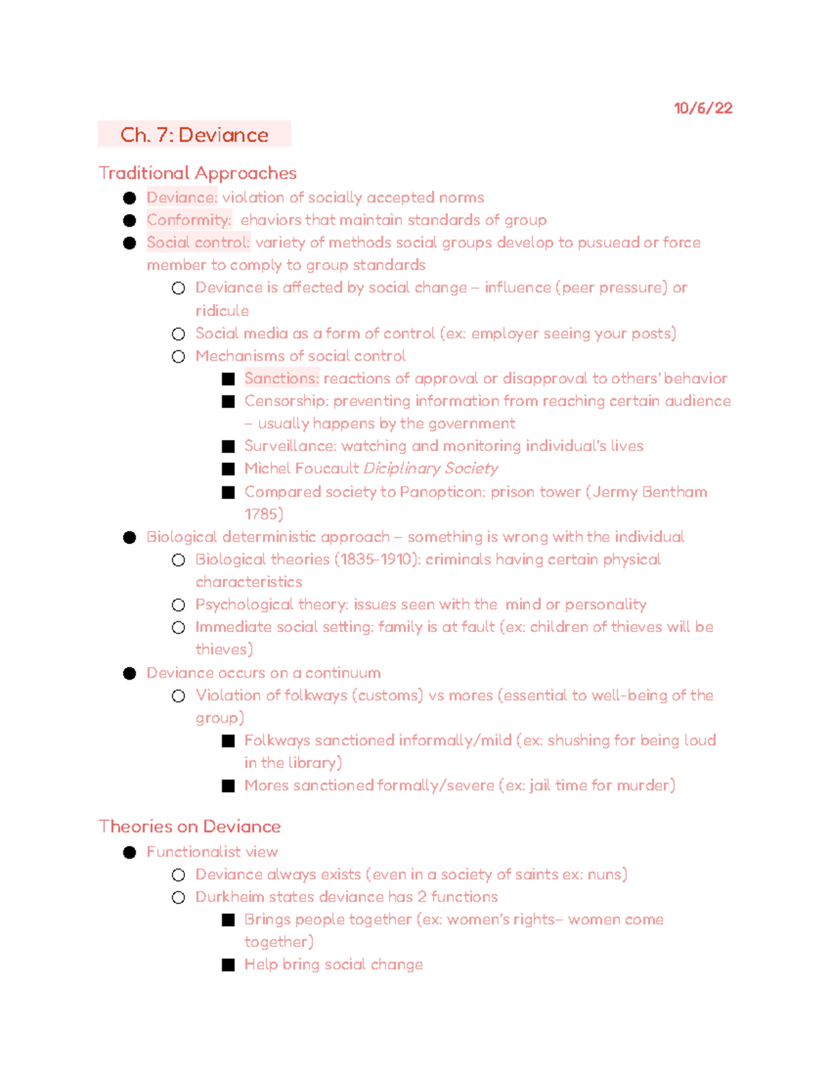 Intro to Sociology Chapter 7 - 10/6/ ..... 7: Deviance..... Traditional ...