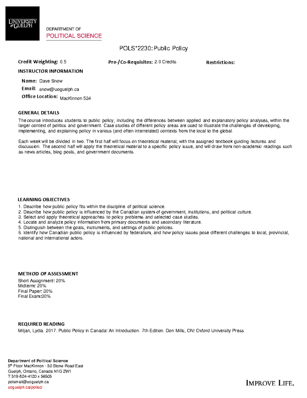 POLS 2230 F21 Short Outline - Department of Political Science 5 th ...
