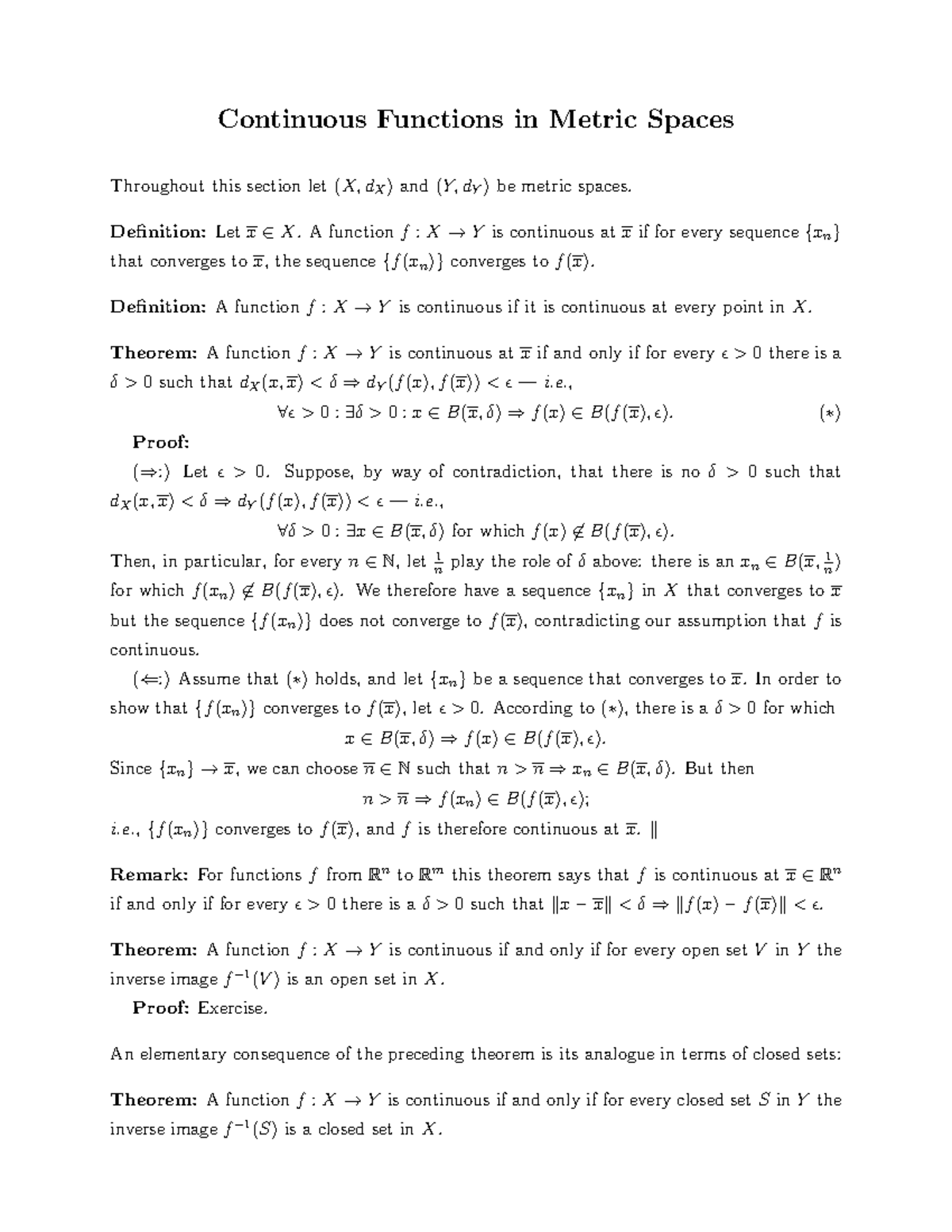 Continuous Functions Definition Let X ∈ X A Function F X → Y Is Continuous At X If For