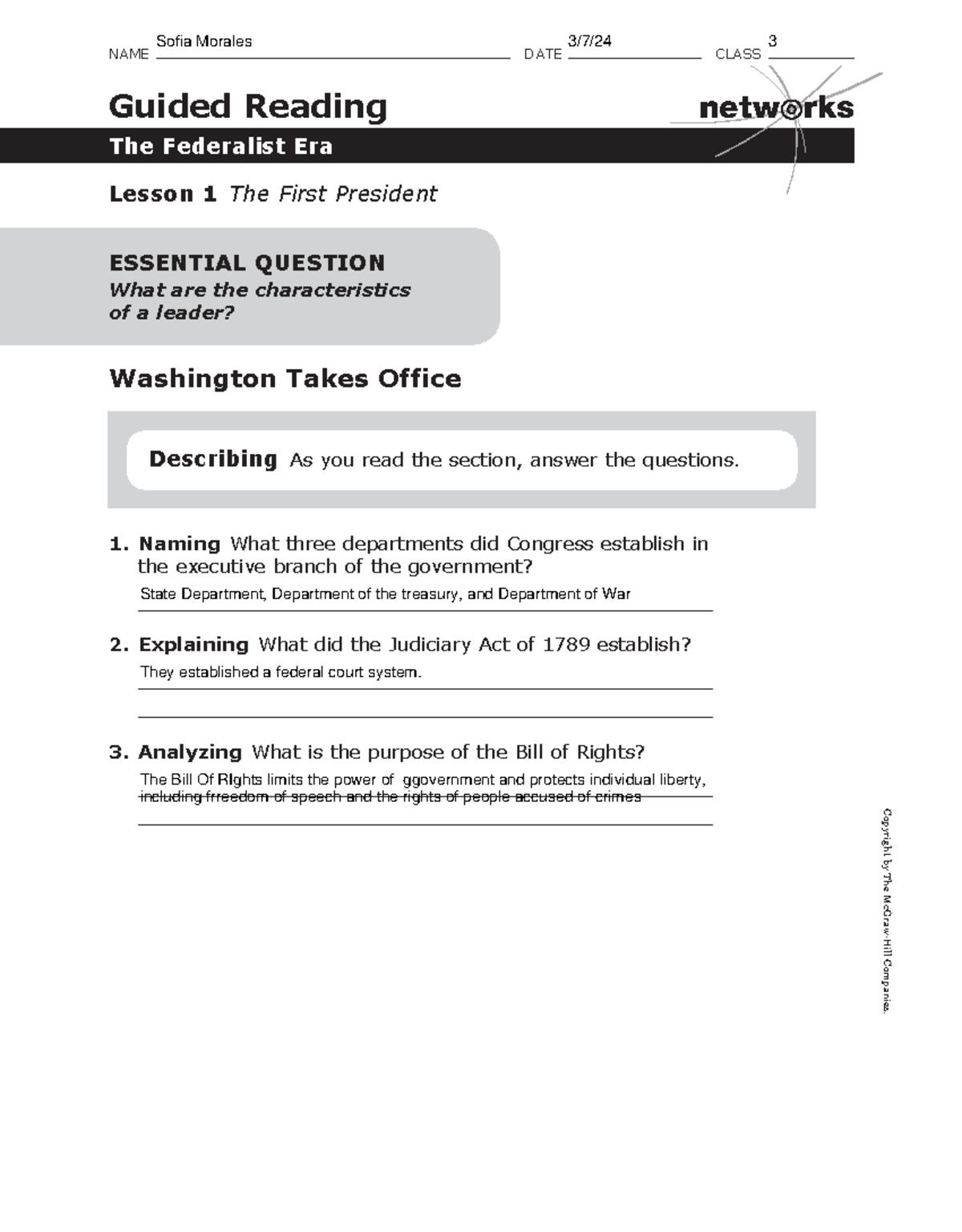 Guided reading - The First President (1) - Copyright by The McGraw-Hill ...