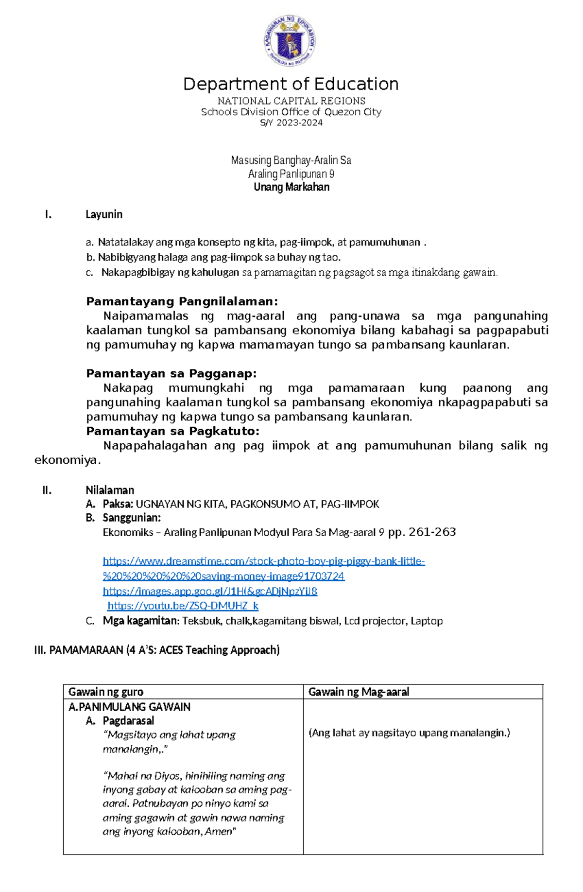Pag iimpok-Lesson plan rose - detailed lesson - Department of Education ...