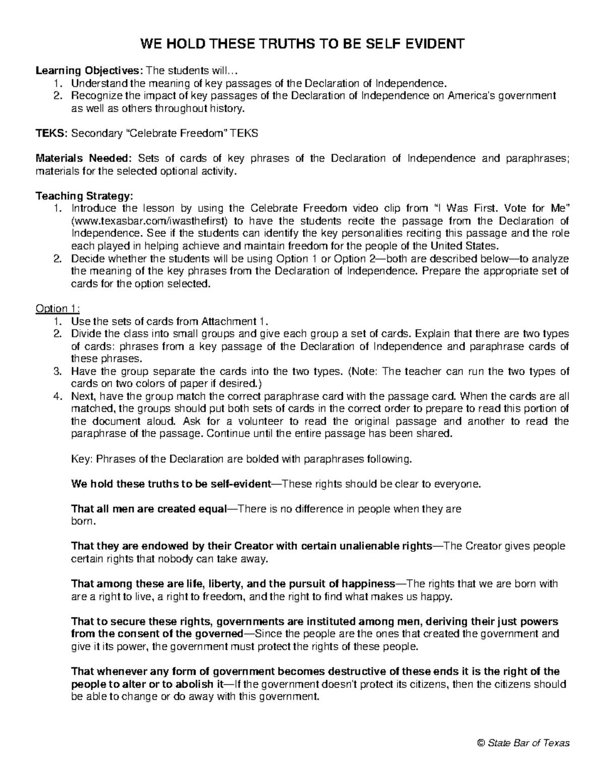 WE HOLD These Truths Activity - WE HOLD THESE TRUTHS TO BE SELF EVIDENT ...