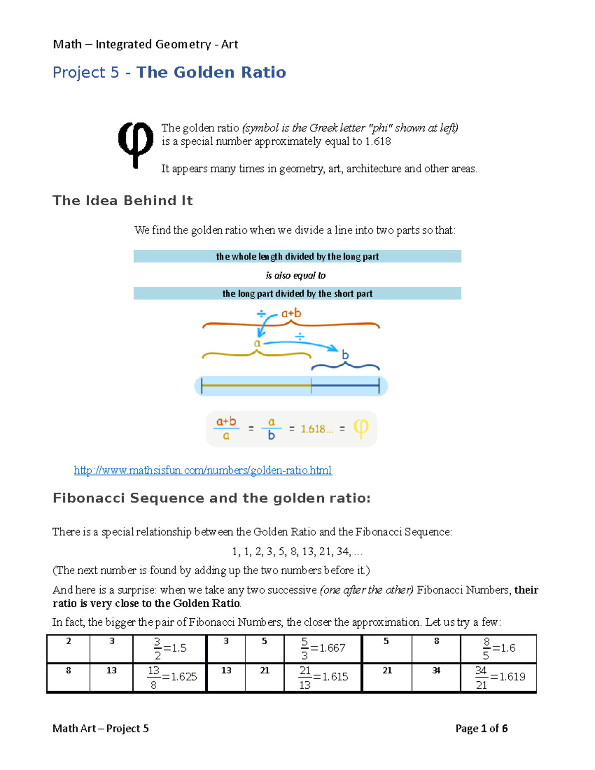 Math Art - Project 5 - Lecture notes 10 - Project 5 - The Golden Ratio ...
