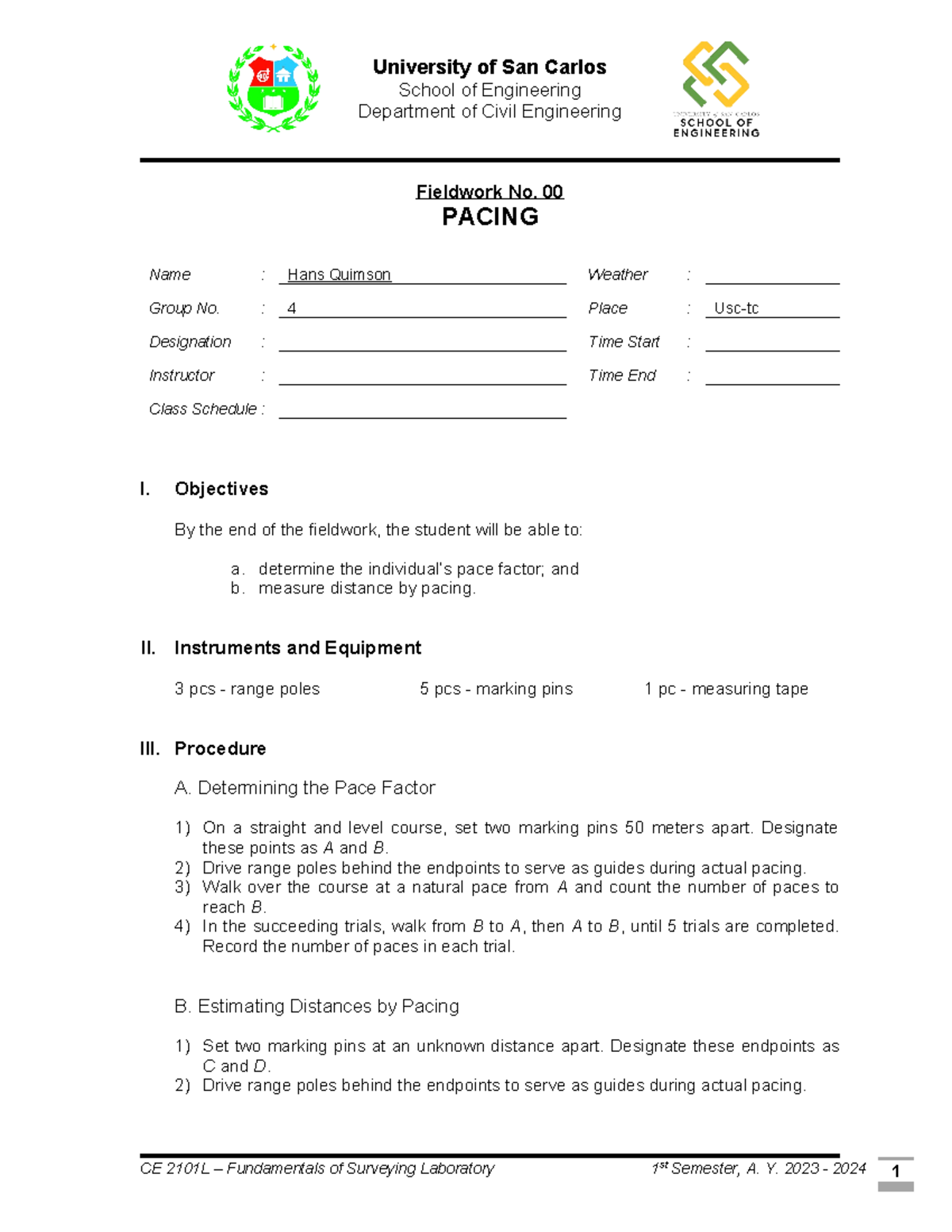 FW 0 - Pacing - Field Work - 1 University of San Carlos School of ...