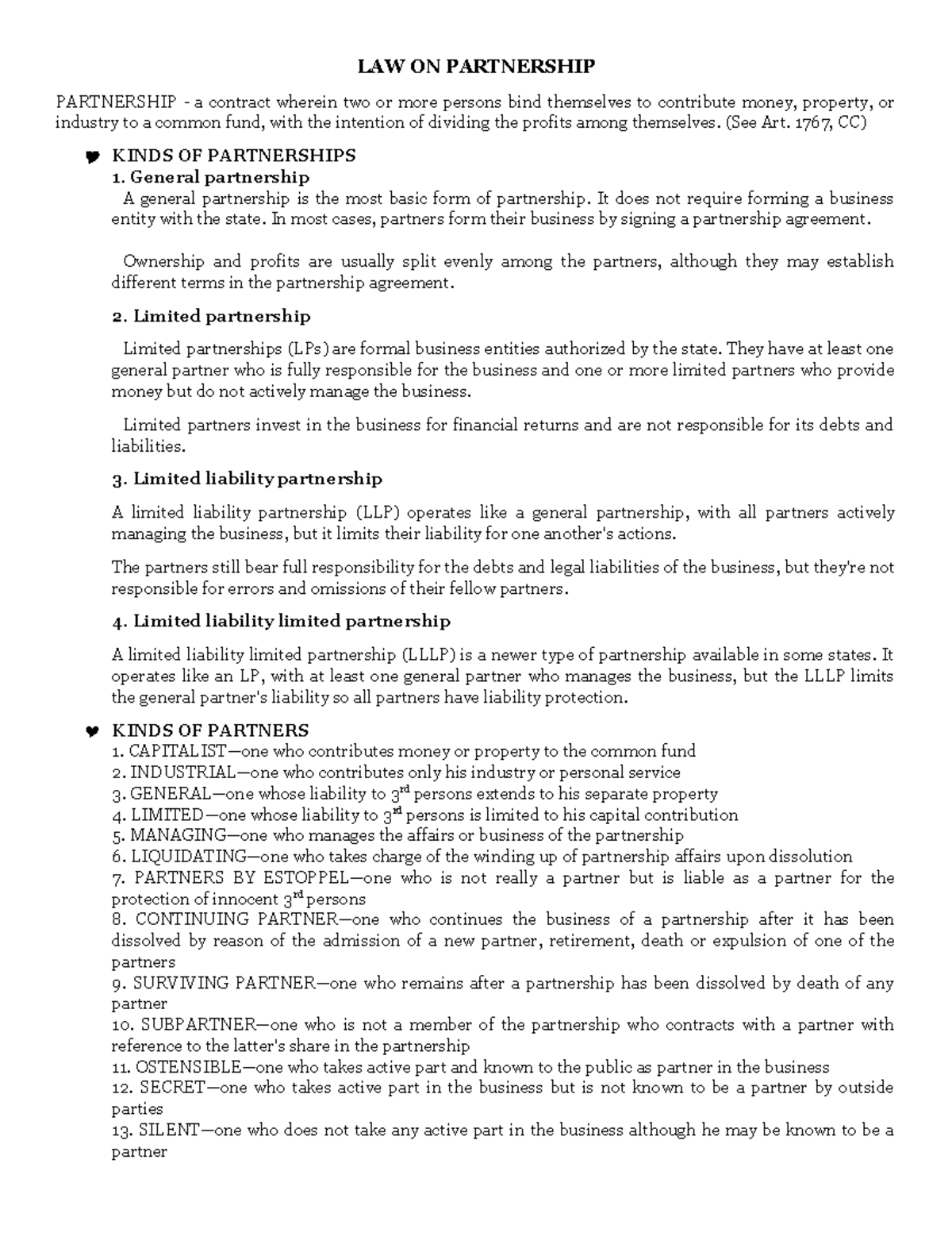 LAW ON Partnership LECTURE NOTES - LAW ON PARTNERSHIP PARTNERSHIP - a ...