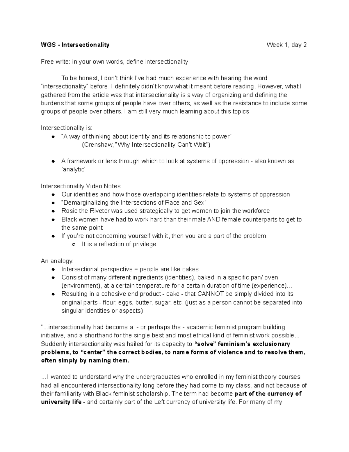 Week 1, day 2: Intersectionality - WGS - Intersectionality Week 1, day ...