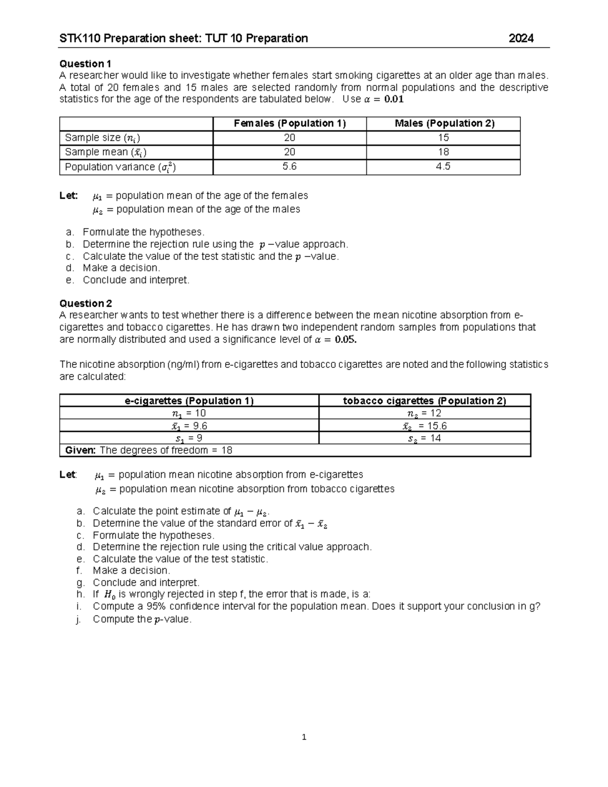 STK110 TUT 10 Preparation sheet - 2024 - 1 STK110 Preparation sheet ...