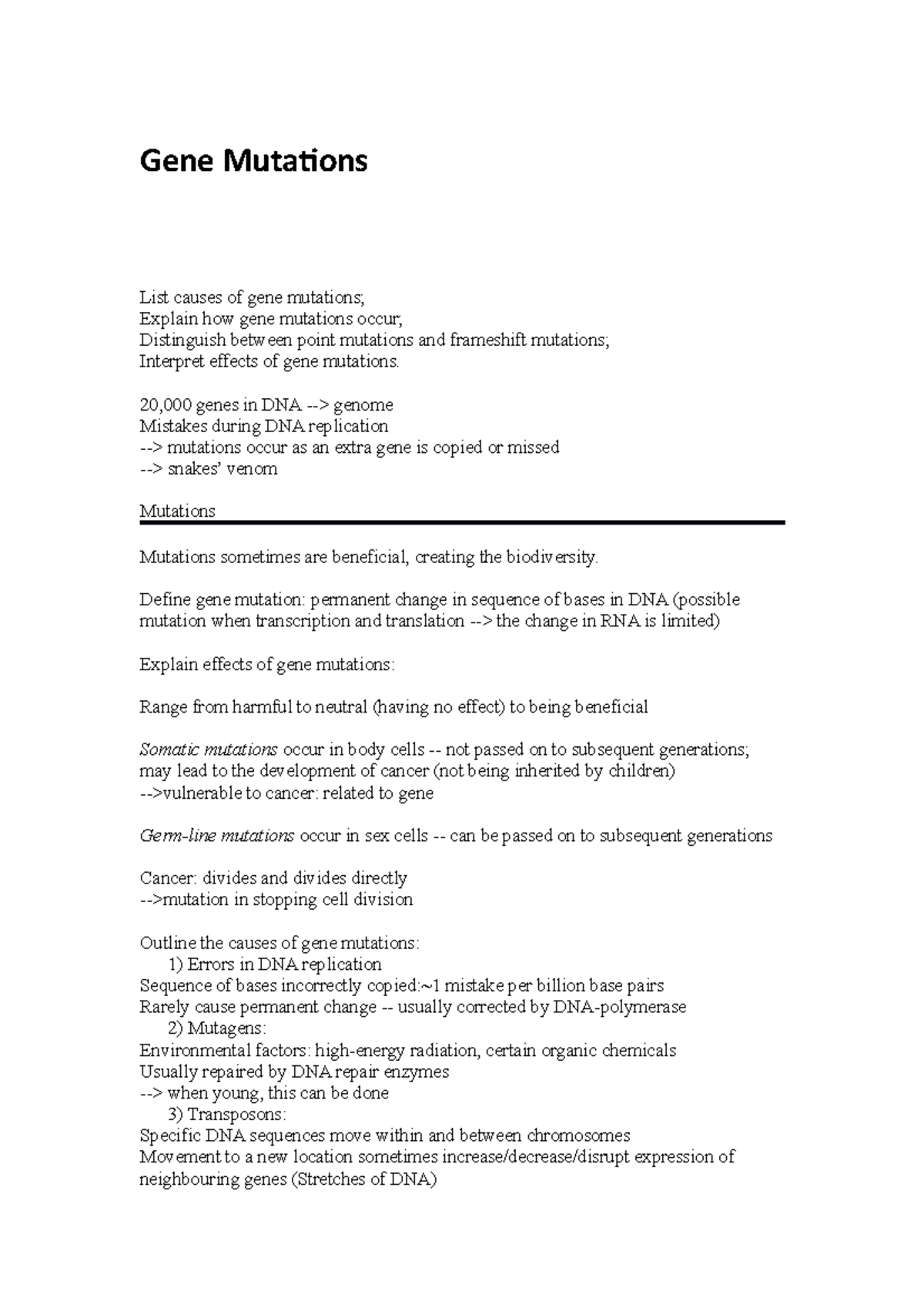 Mutation - Lecture notes 3 - Gene Mutations List causes of gene ...