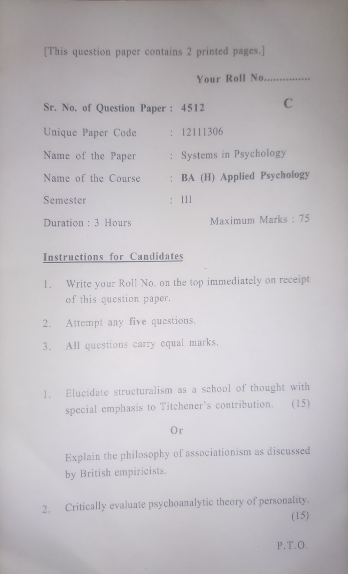 Systems paper - This question paper contains 2 printed pages. Your Roll ...