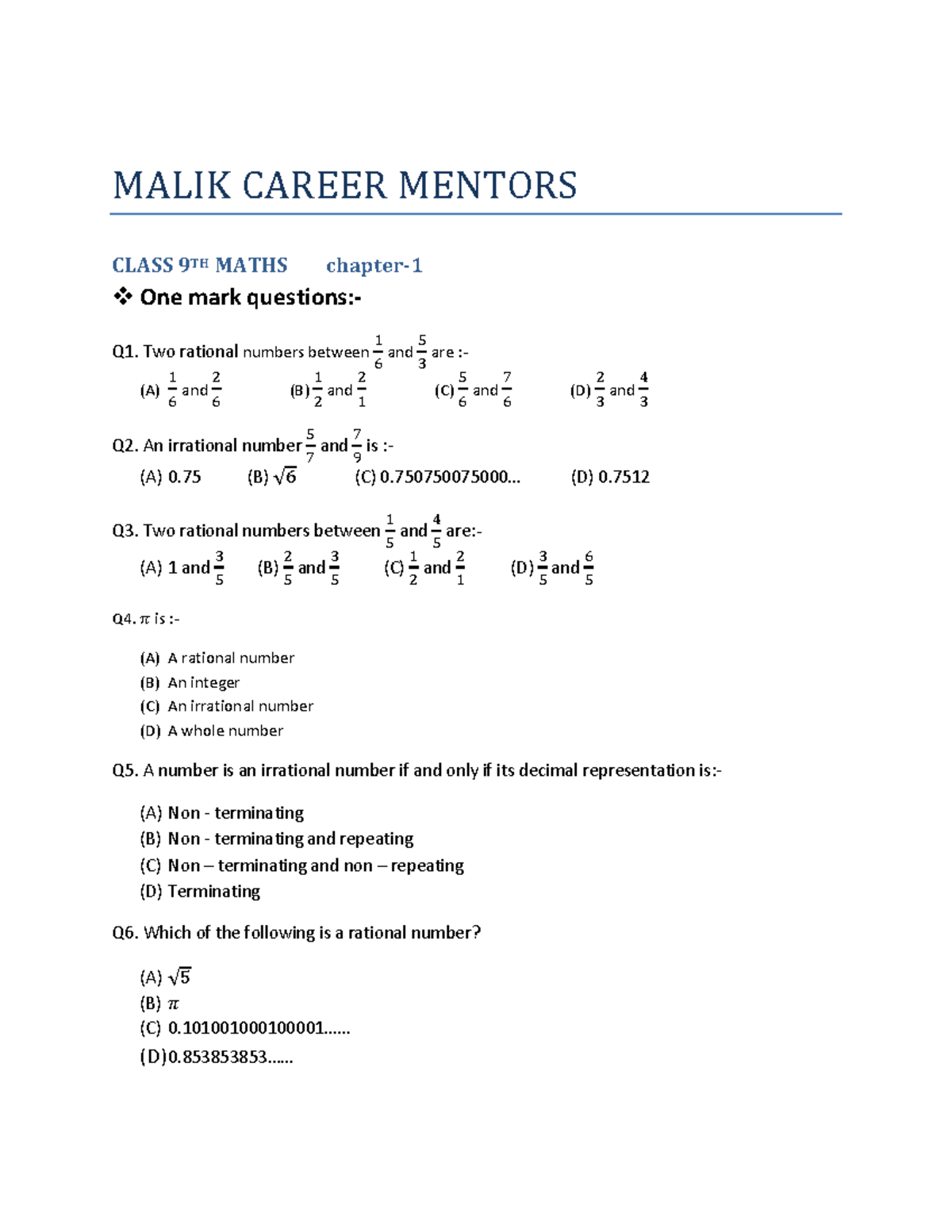 9th Class Maths MALIK CAREER MENTORS CLASS 9TH MATHS Chapter One 9th-class-maths-malik-career-mentors-class-9th-maths-chapter-one