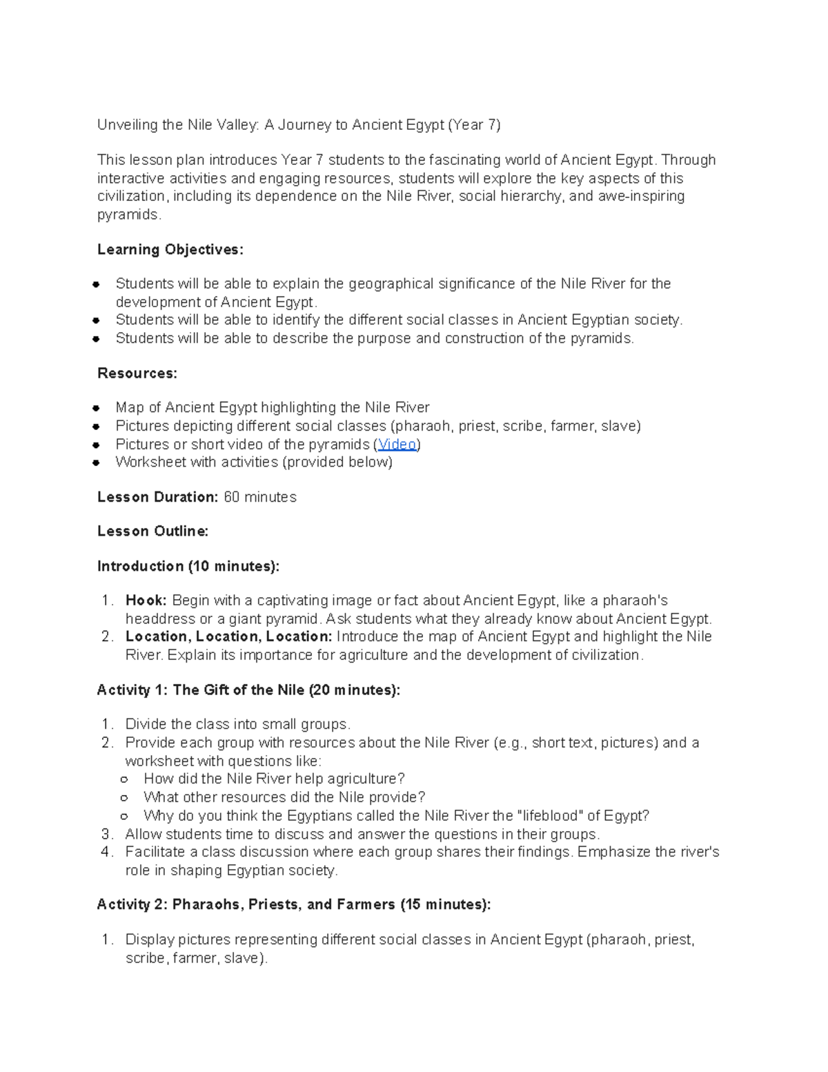* Lesson Plan Yr 7 Ancient Egypt - Unveiling the Nile Valley: A Journey ...