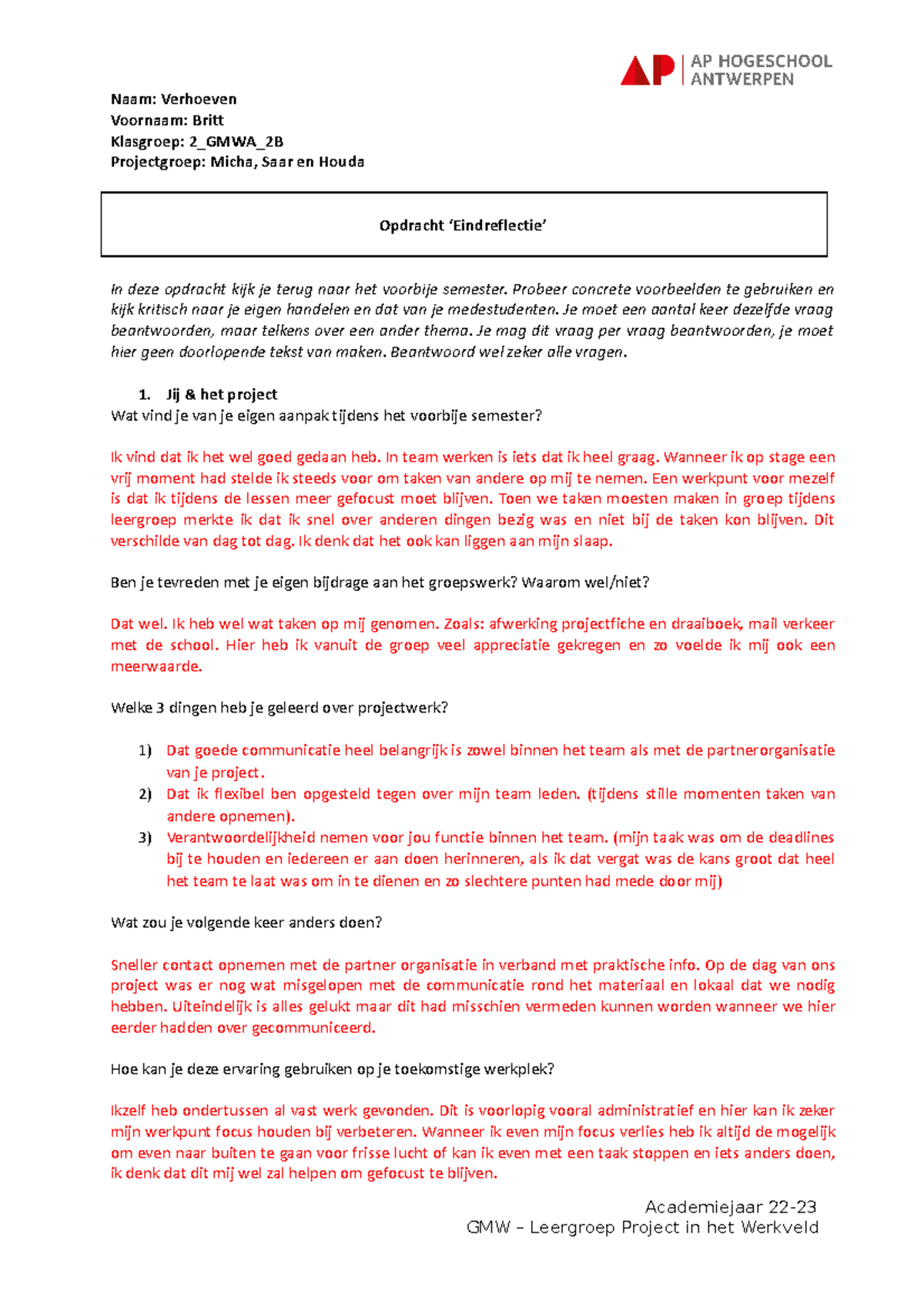 Eindreflectie brittverhoeven - Naam: Verhoeven Voornaam: Britt ...