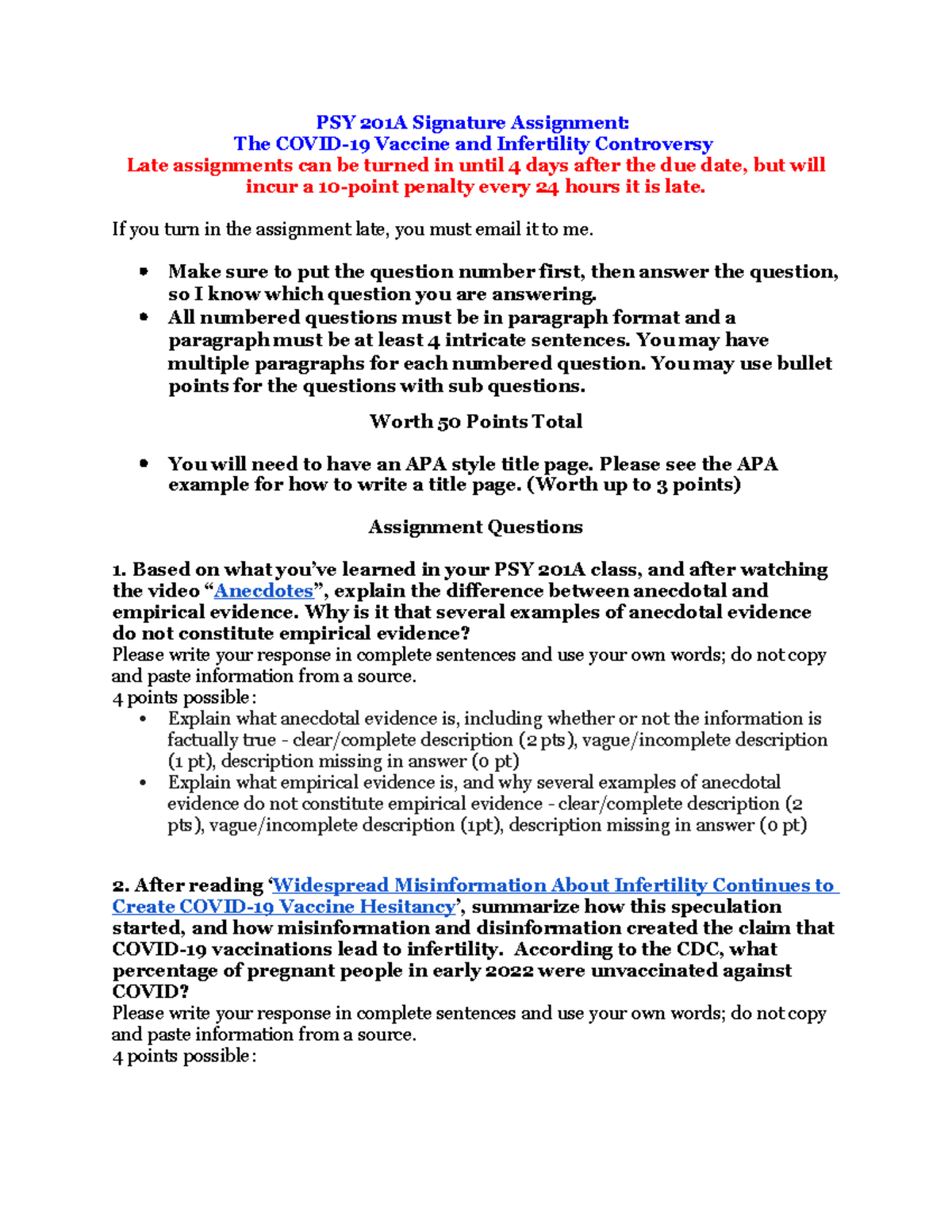 PSY 201A Signature Assignment W24 - PSY 201A Signature Assignment: The ...