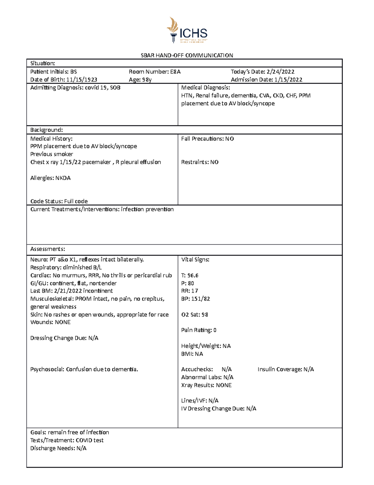 Careplan BS Rehab 22422 - SBAR HAND-OFF COMMUNICATION Situation ...
