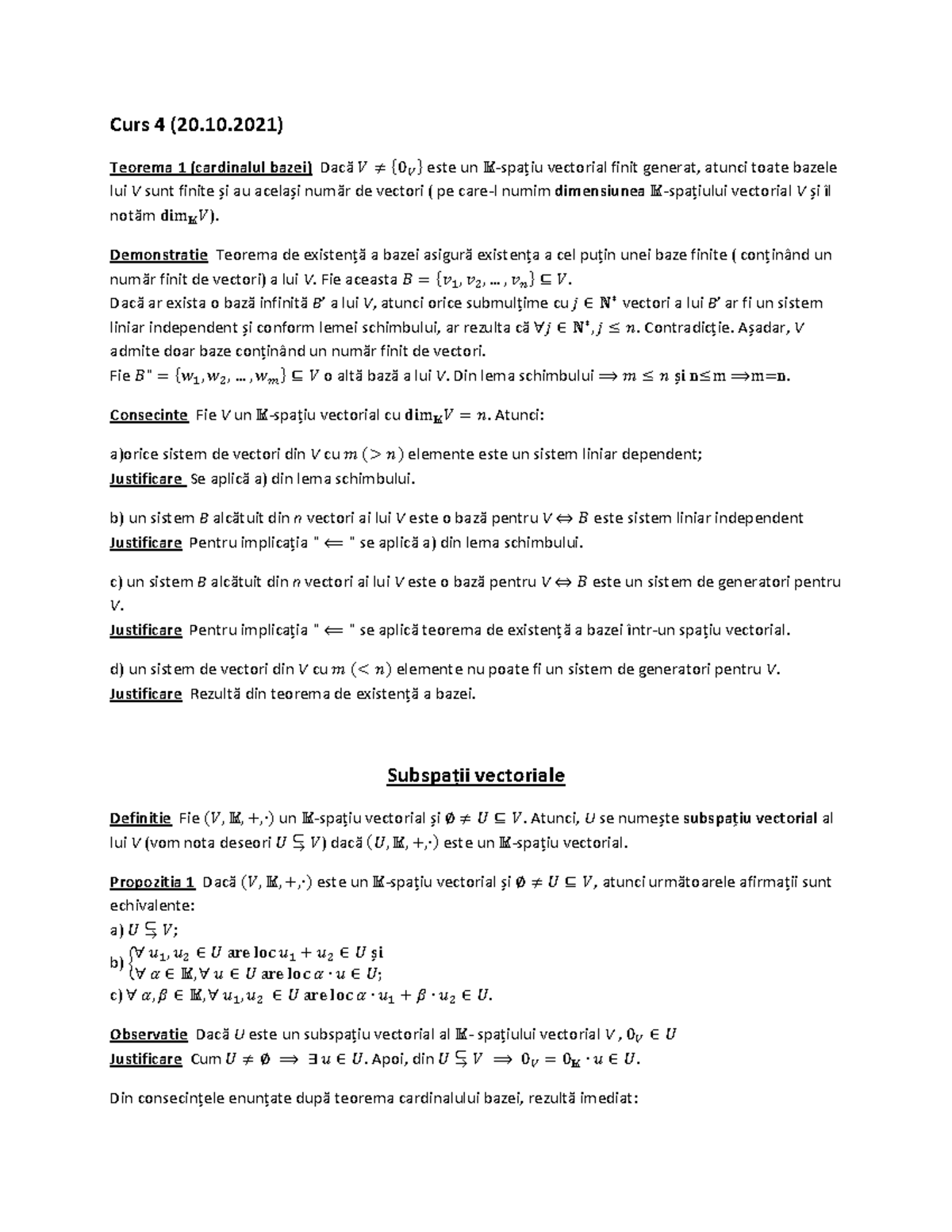 Curs 4 Algebra Liniara - Curs 4 (20.10) Teorema 1 (cardinalul bazei) Dacă este un - spațiu ...